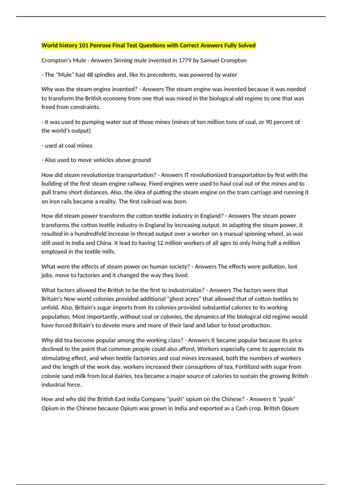 World history 101 Penrose Final Test Questions with Correct Answers ...