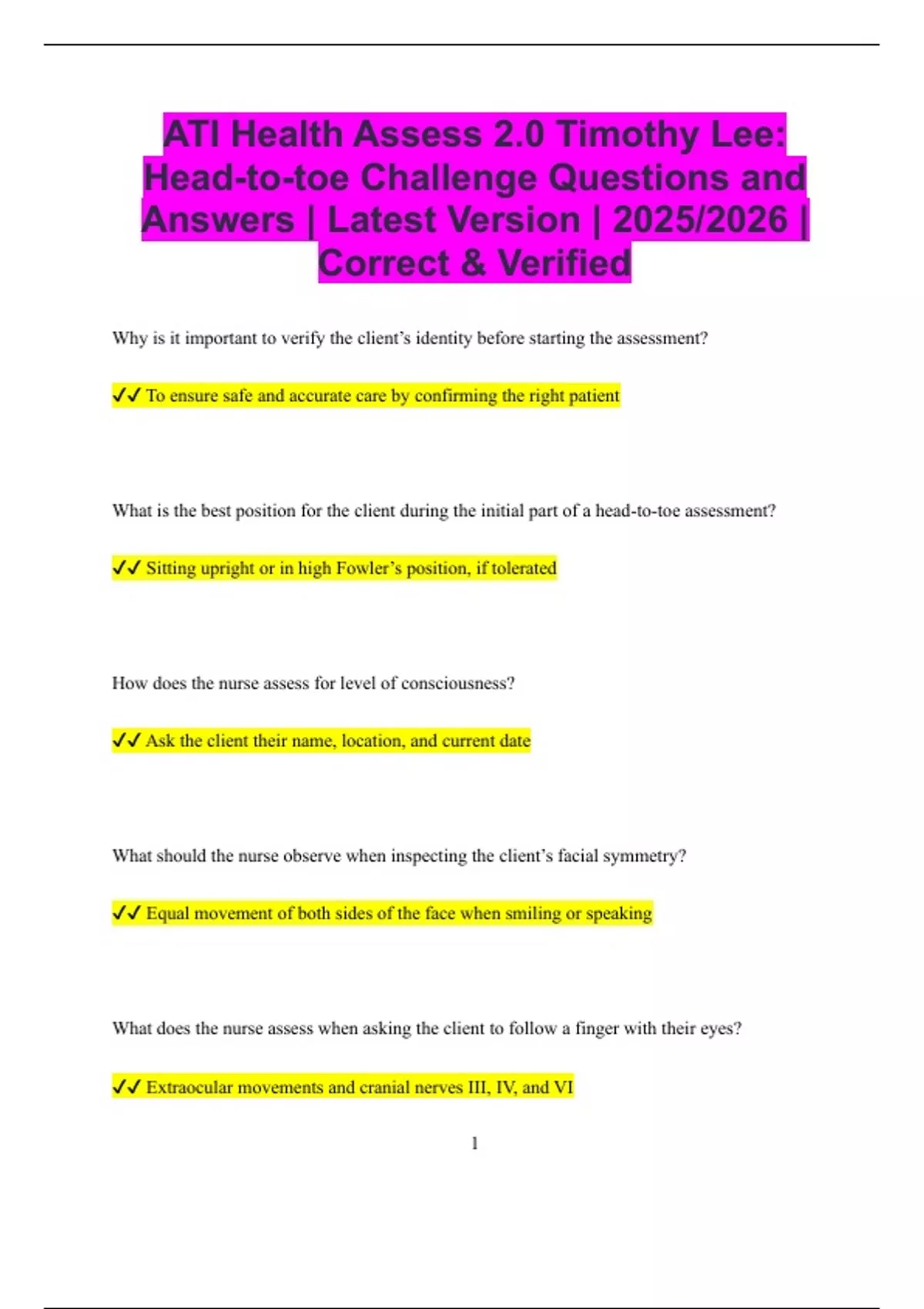 ATI Health Assess 2.0 Timothy Lee: Head-to-toe Challenge Questions and ...