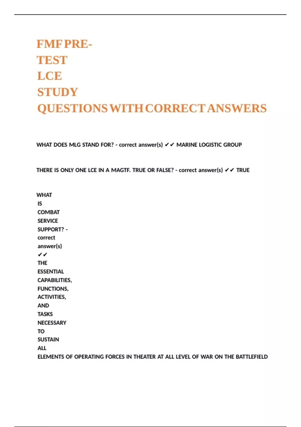 FMF PRE-TEST LCE STUDY QUESTIONS WITH CORRECT ANSWERS - Fmf - Stuvia US