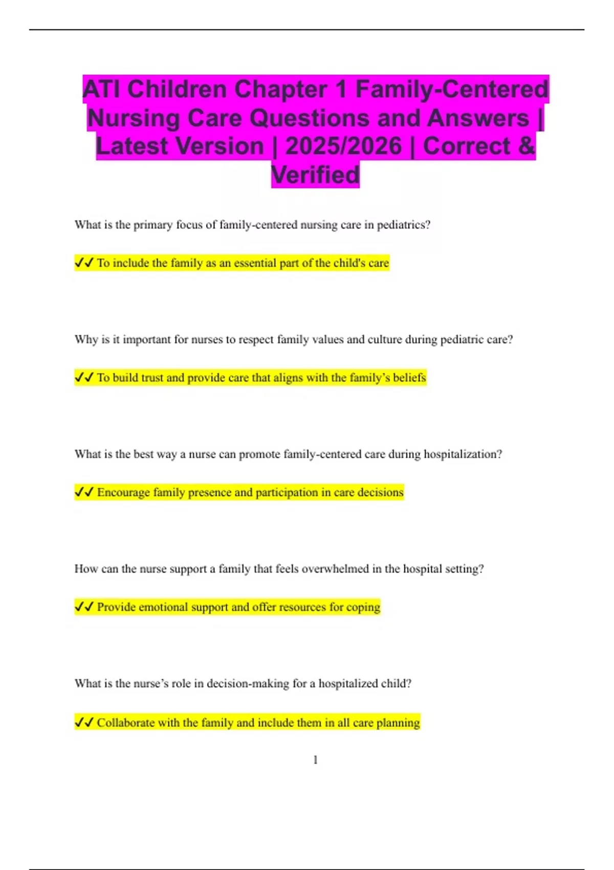 ATI Children Chapter 1 Family-Centered Nursing Care Questions and ...