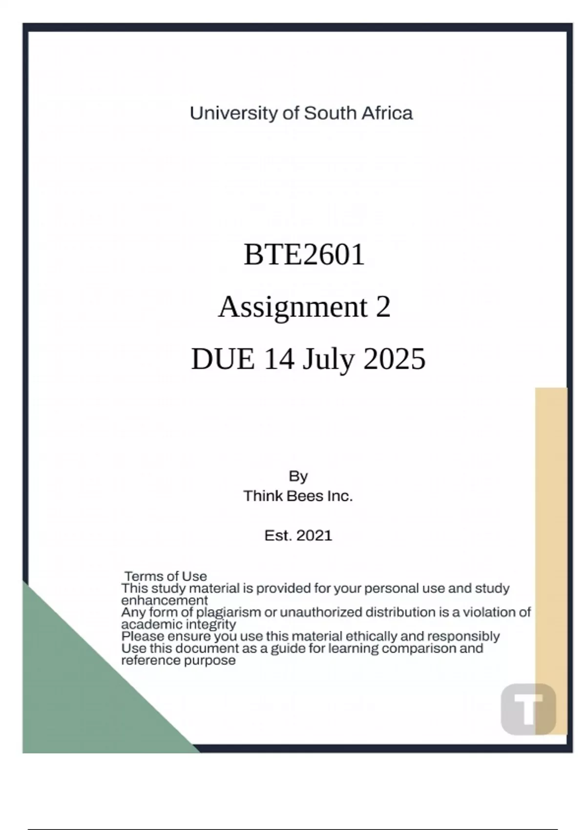 BTE2601 Assignment 2 (Comprehensive Response) DUE 14 July 2025 ...