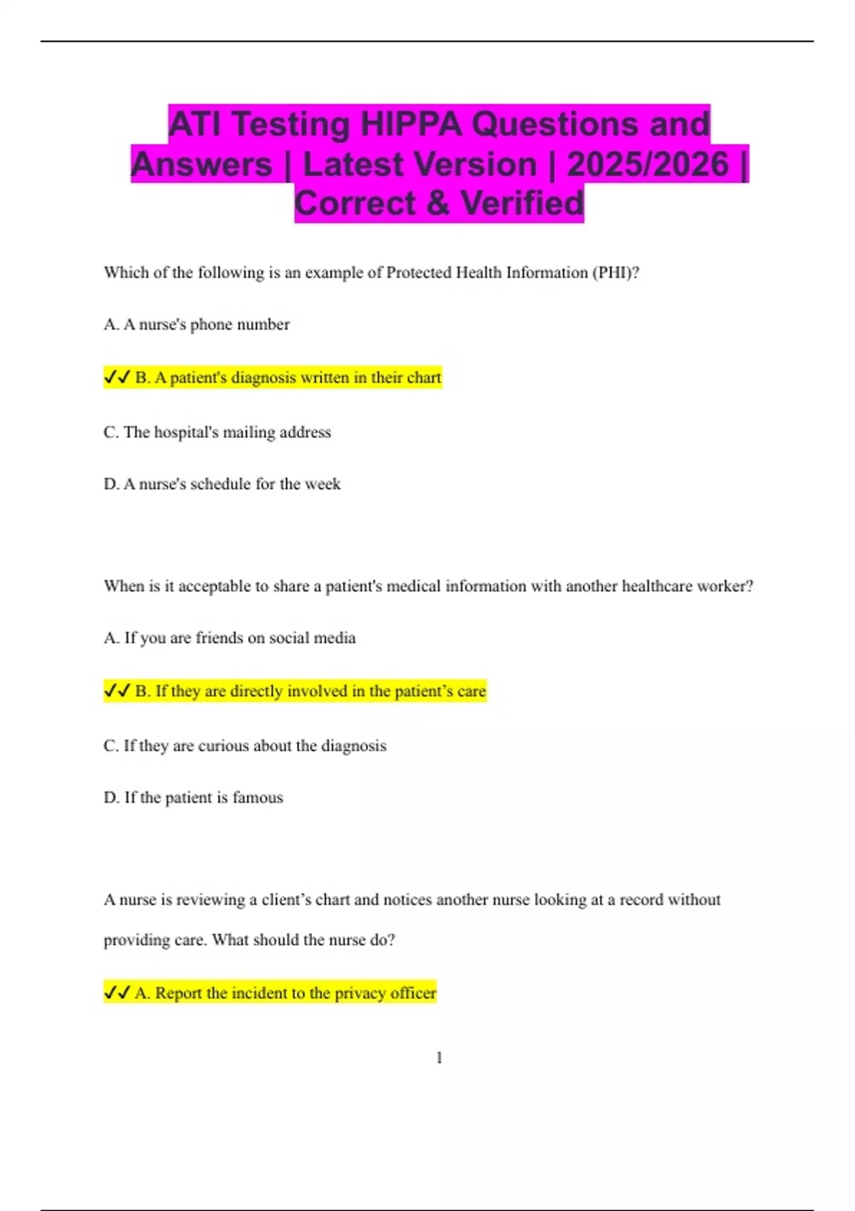 ATI Testing HIPPA Questions and Answers | Latest Version | 2025/2026 ...