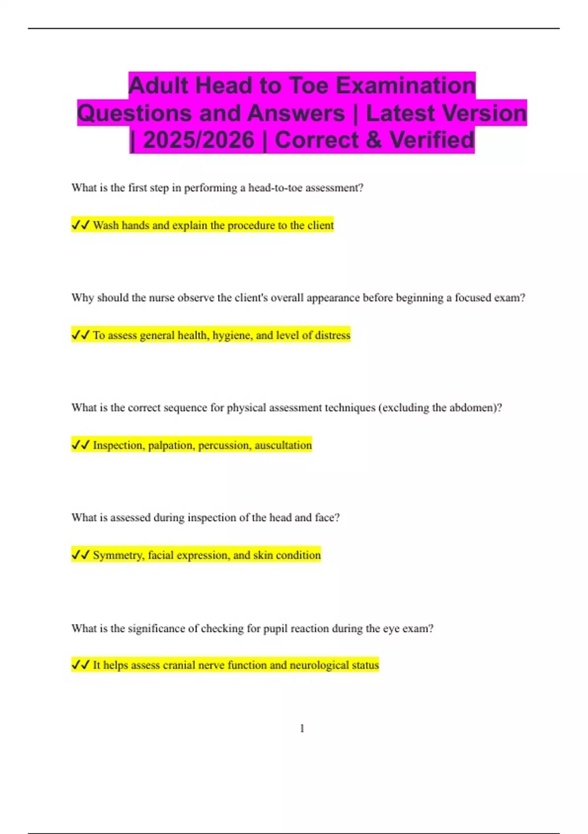 Adult Head to Toe Examination Questions and Answers | Latest Version ...