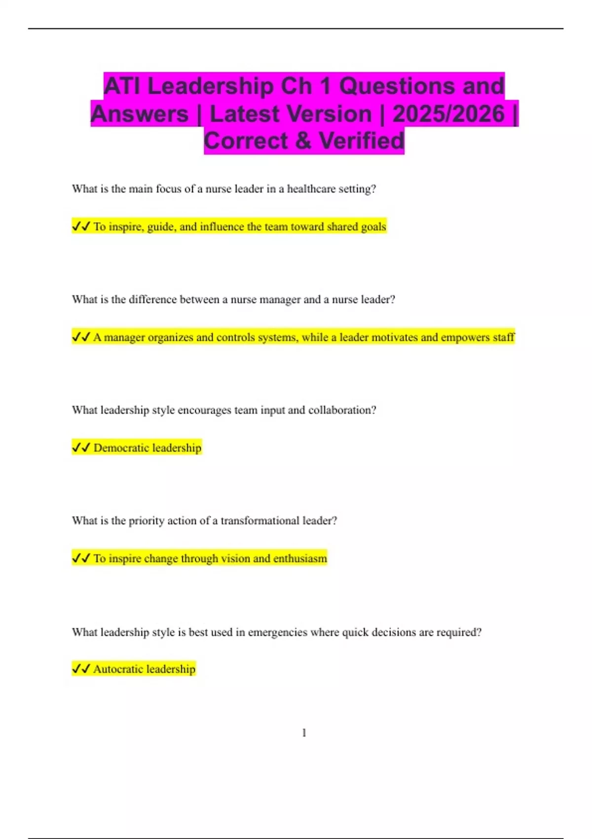 ATI Leadership Ch 1 Questions and Answers | Latest Version | 2025/2026 ...