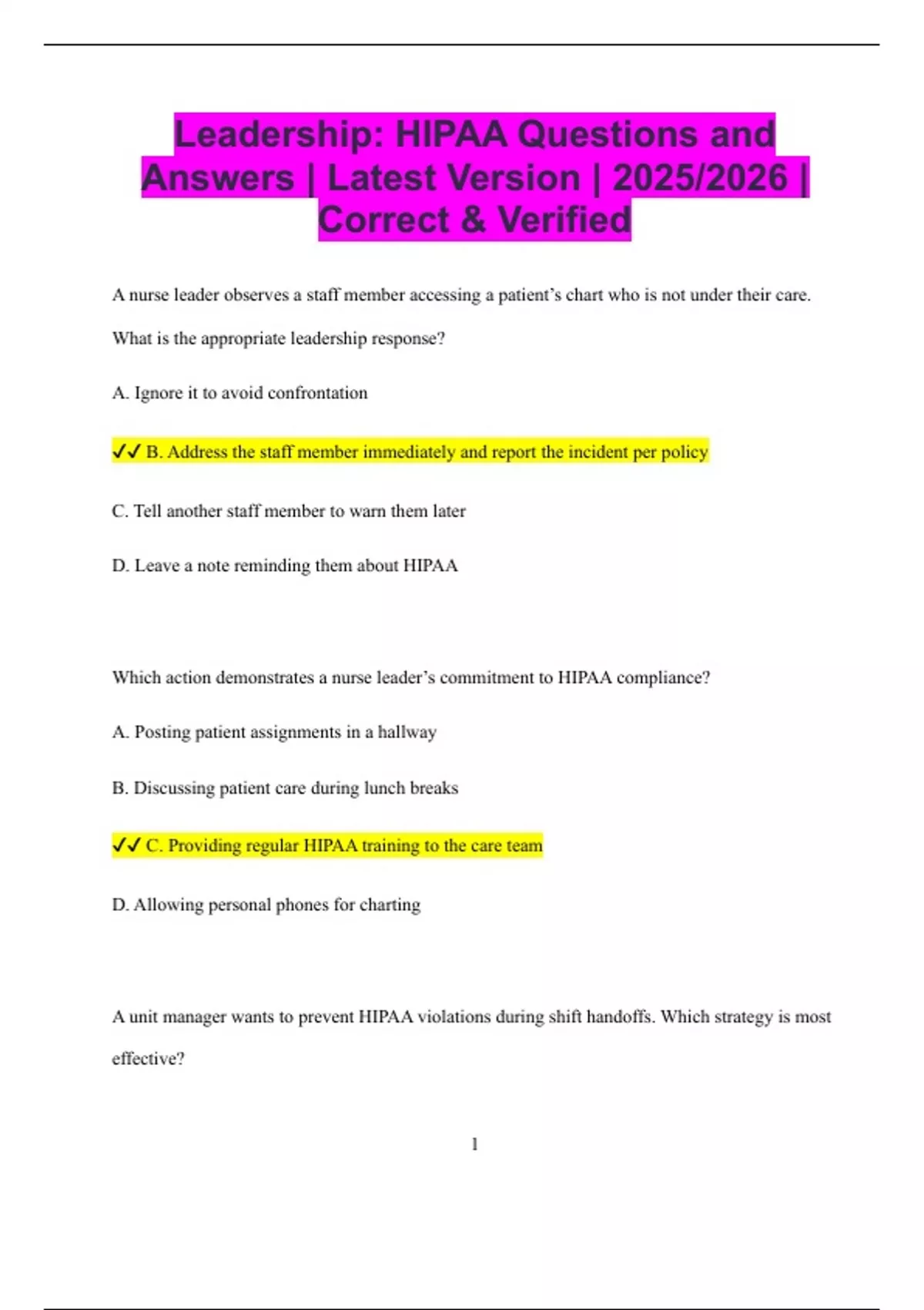 Leadership: HIPAA Questions and Answers | Latest Version | 2025/2026 ...
