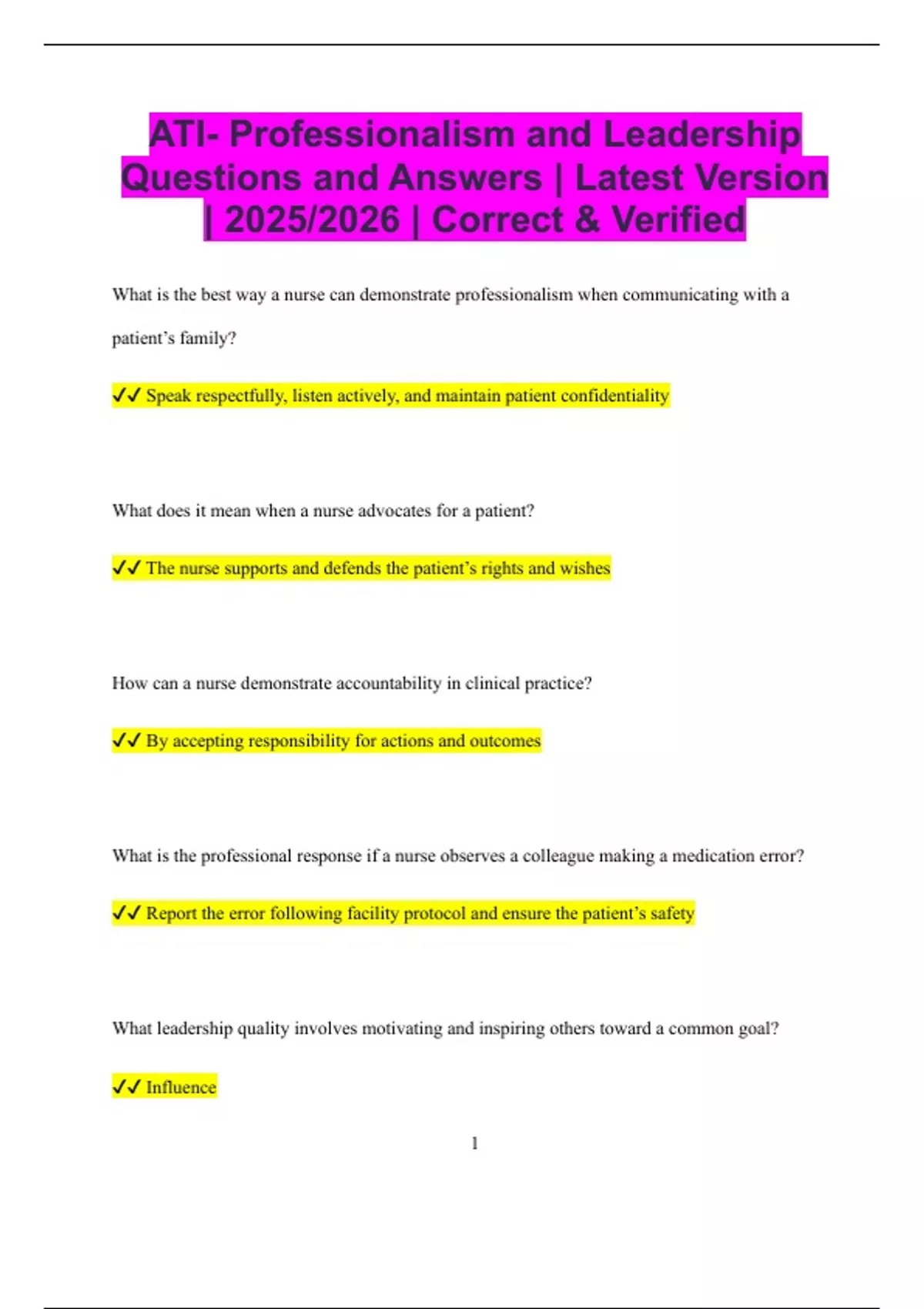 ATI- Professionalism and Leadership Questions and Answers | Latest ...