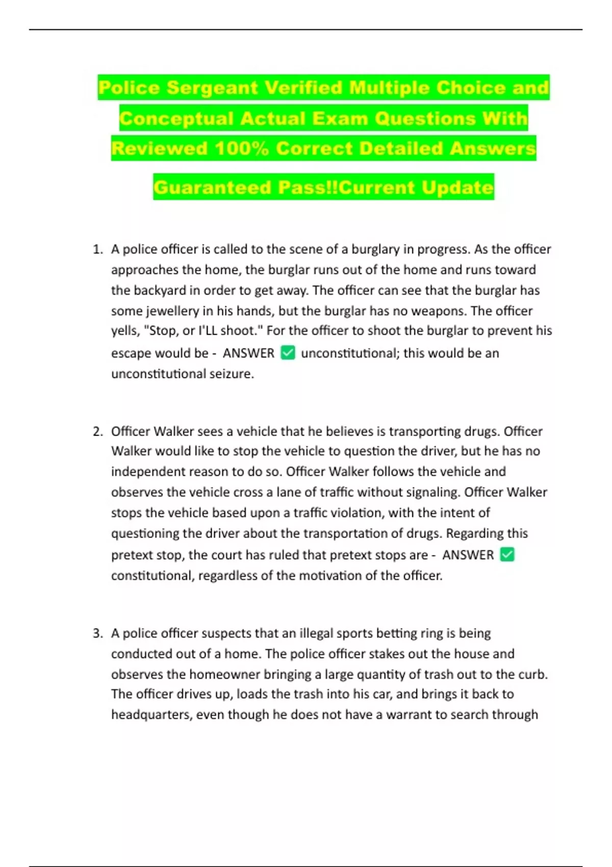 Police Sergeant Verified Multiple Choice and Conceptual Actual Exam ...