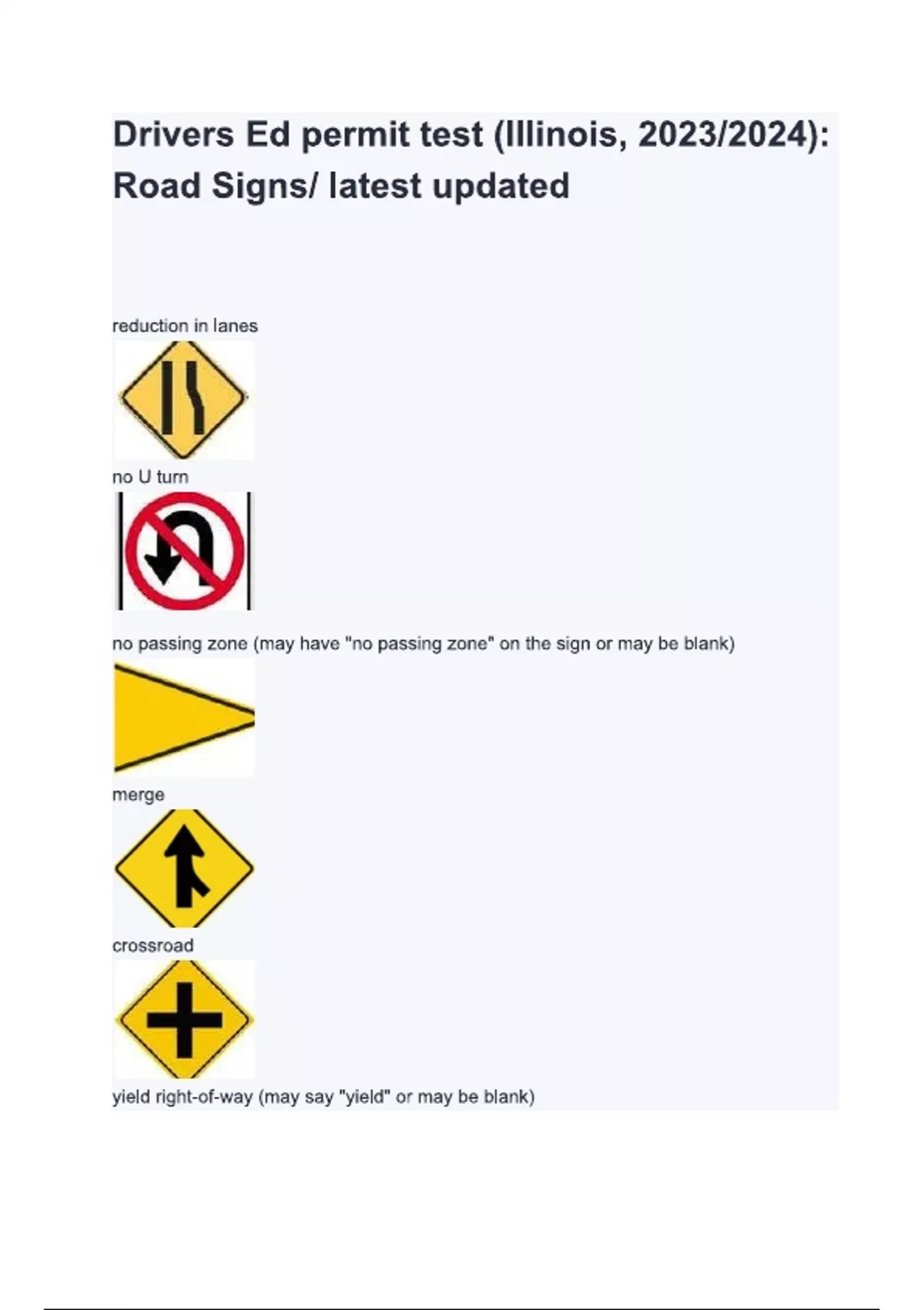 Drivers Ed permit test (Illinois, ) Road Signs latest updated - Drivers ...