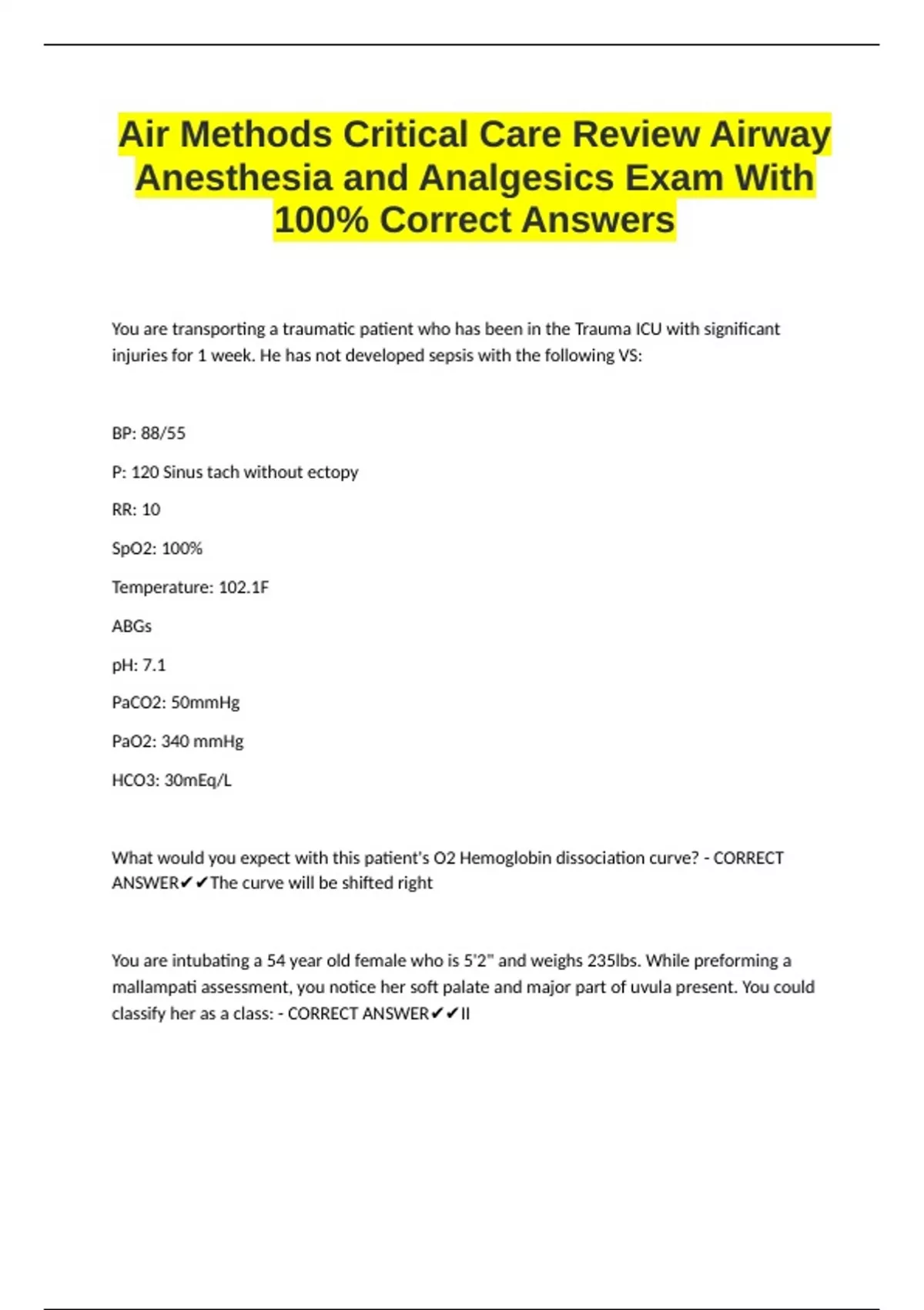 Air Methods Critical Care Review Airway Anesthesia and Analgesics Exam ...