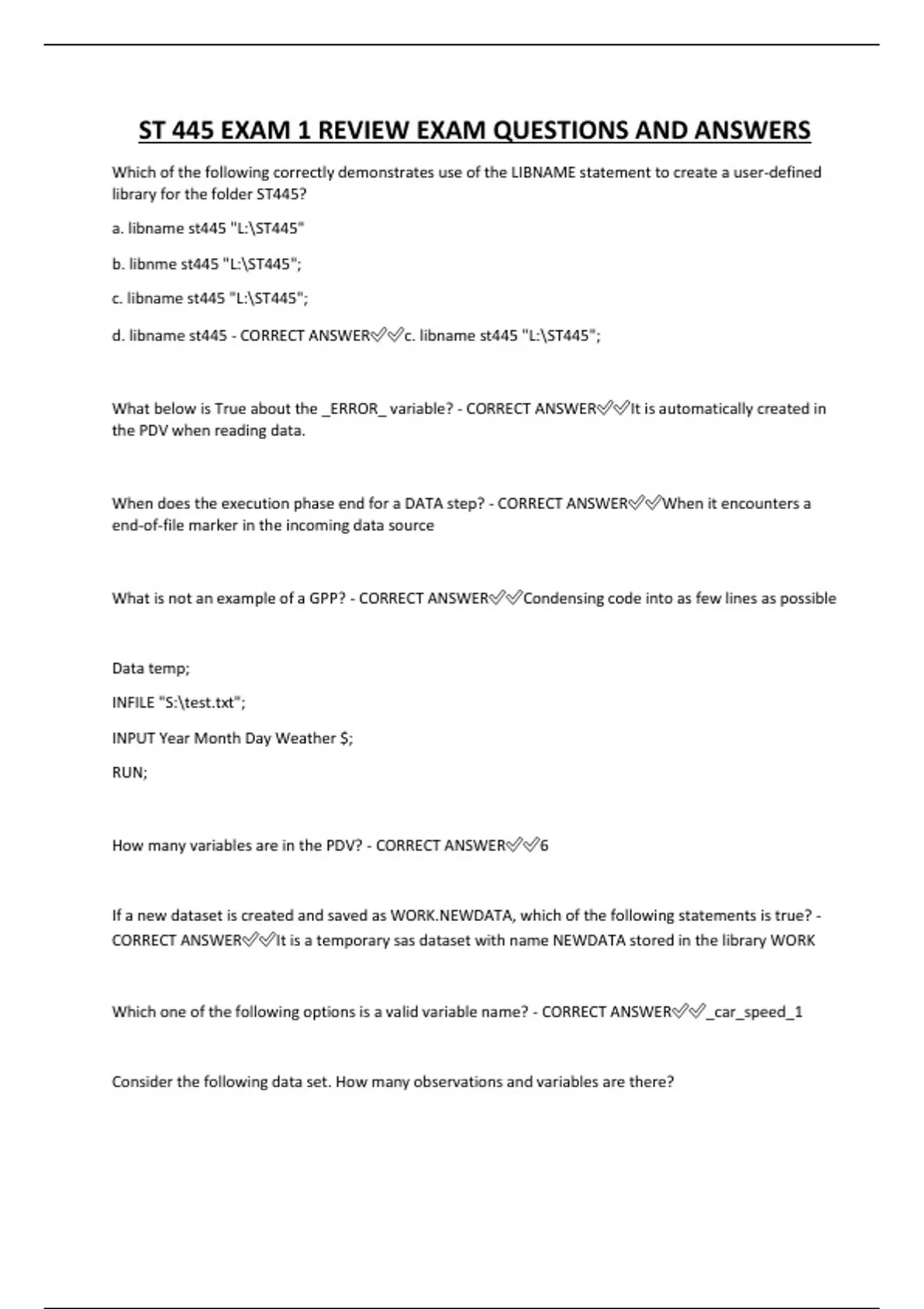 ST 445 EXAM 1 REVIEW EXAM QUESTIONS AND ANSWERS - ST 445 - Stuvia US