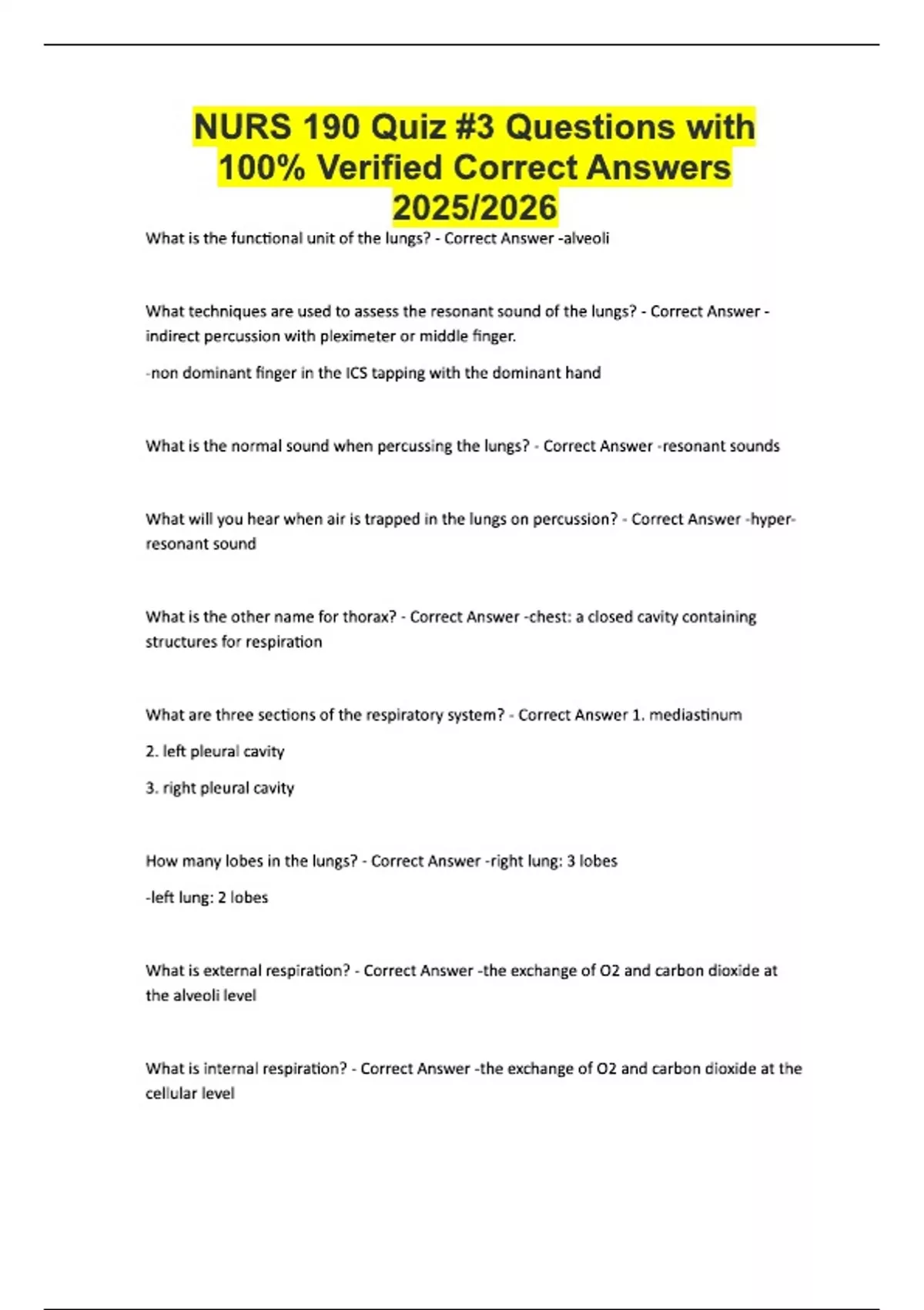 NURS 190 Quiz #3 Questions with 100% Verified Correct Answers 2025/2026 ...