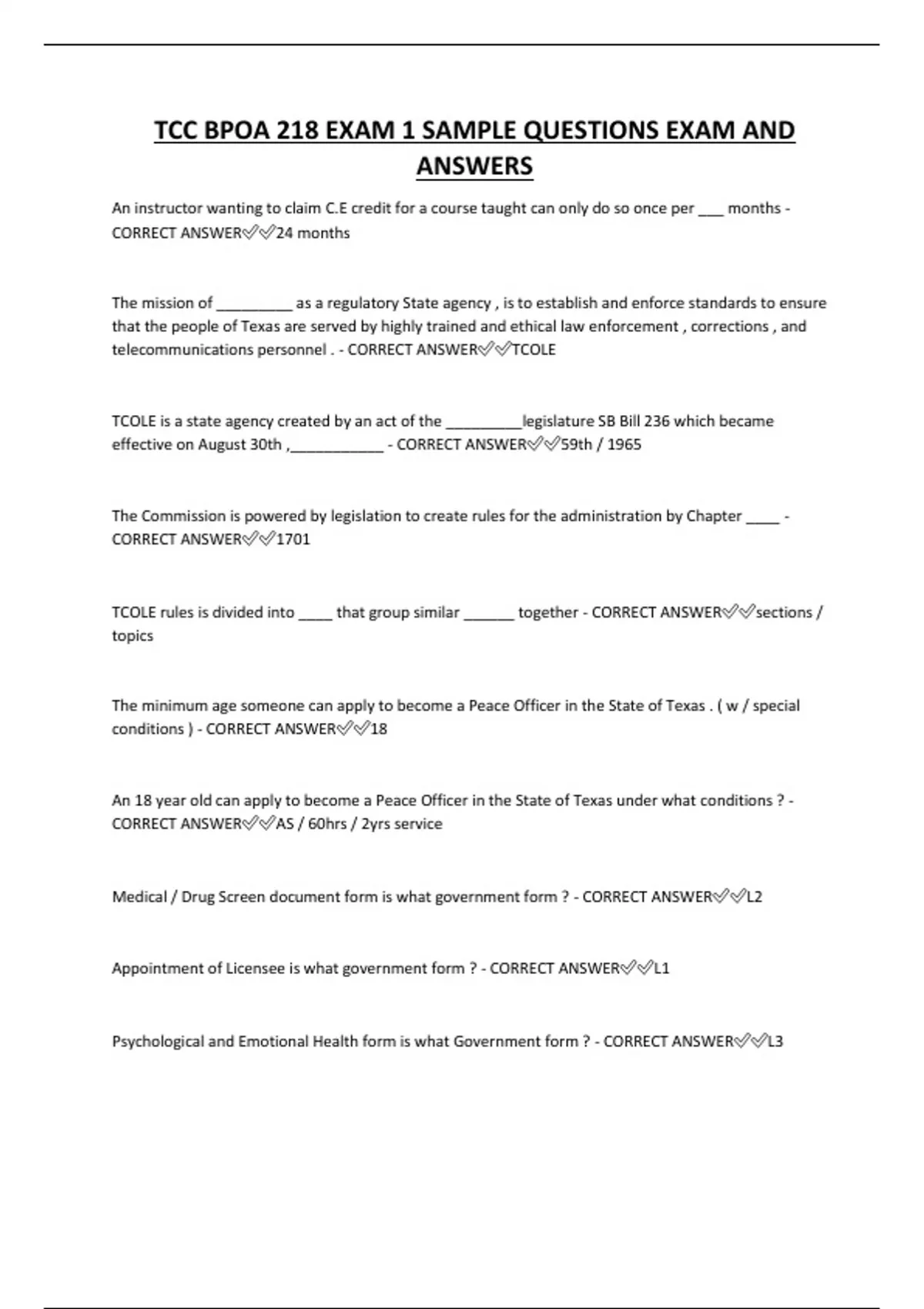 TCC BPOA 218 EXAM 1 SAMPLE QUESTIONS EXAM AND ANSWERS - TCC BPOA 218 ...