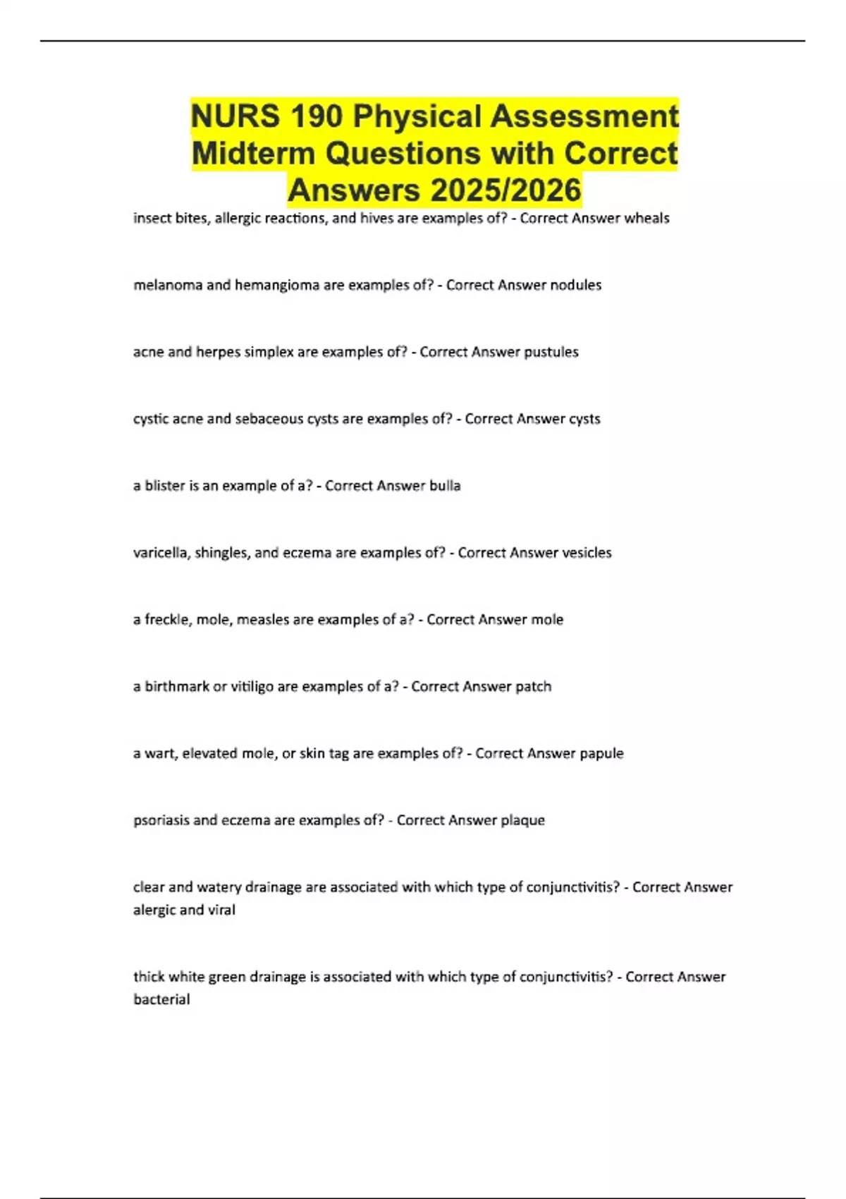 NURS 190 Physical Assessment Midterm Questions with Correct Answers 2025/2026 - NURS 190 - Stuvia US