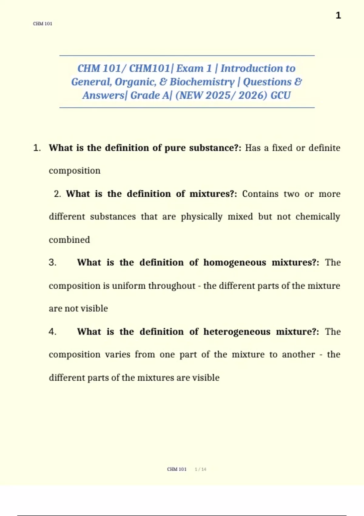 CHM 101/ CHM101| Exam 1 | Introduction to General, Organic, & Biochemistry | Questions & Answers ...