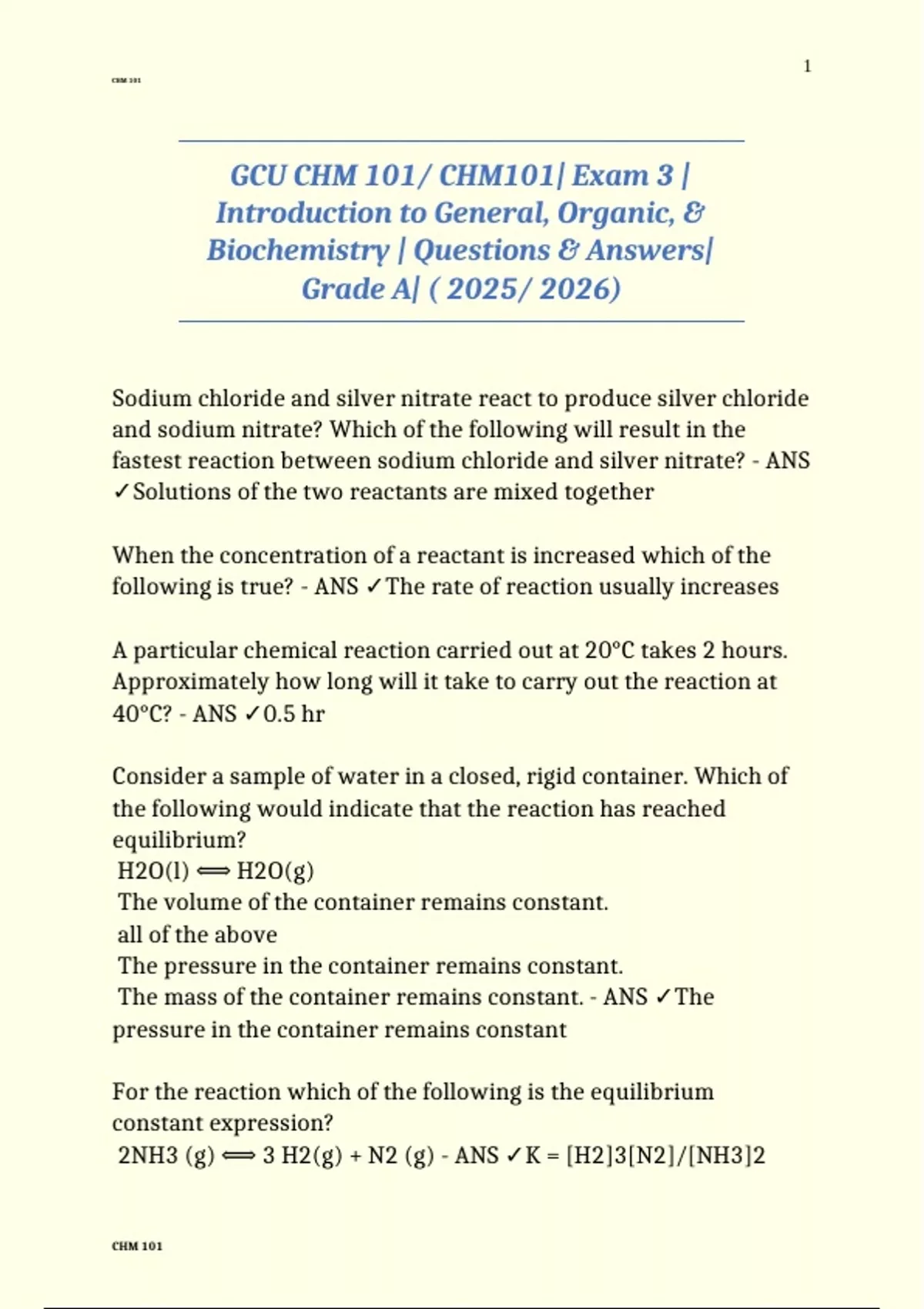 GCU CHM 101/ CHM101| Exam 3 | Introduction to General, Organic ...