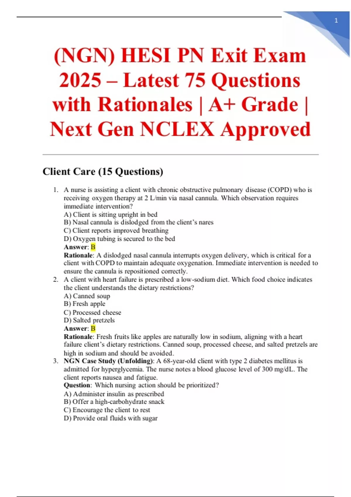 (NGN) HESI PN Exit Exam 2025 – Latest 75 Questions with Rationales | A+ ...