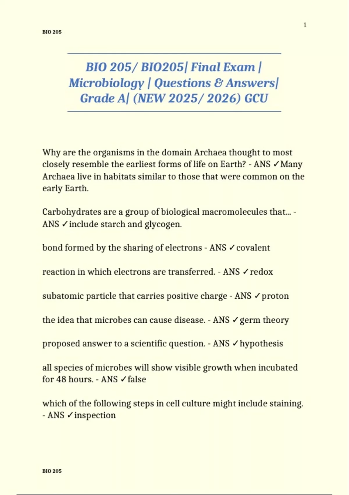 BIO 205/ BIO205| Final Exam | Microbiology | Questions & Answers| Grade ...