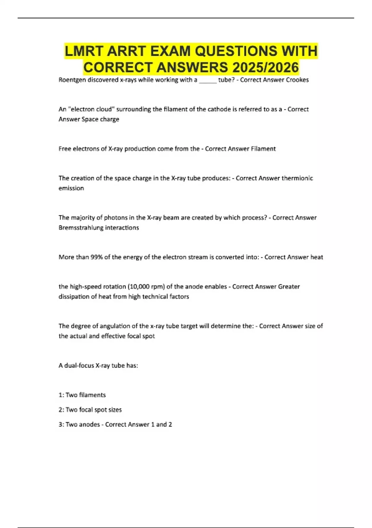 LMRT ARRT EXAM QUESTIONS WITH CORRECT ANSWERS 2025/2026 - LMRT ARRT ...