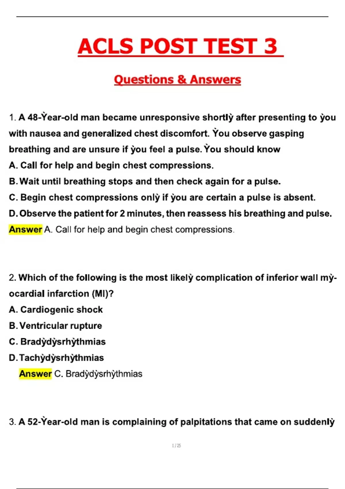 ACLS Post Test 3 Actual Questions with Verified Answers (2025 / 2026 ...