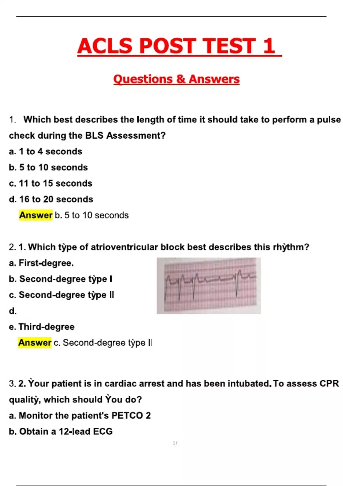 ACLS Post Test 1 Actual Questions with Verified Answers (2025 / 2026 ...