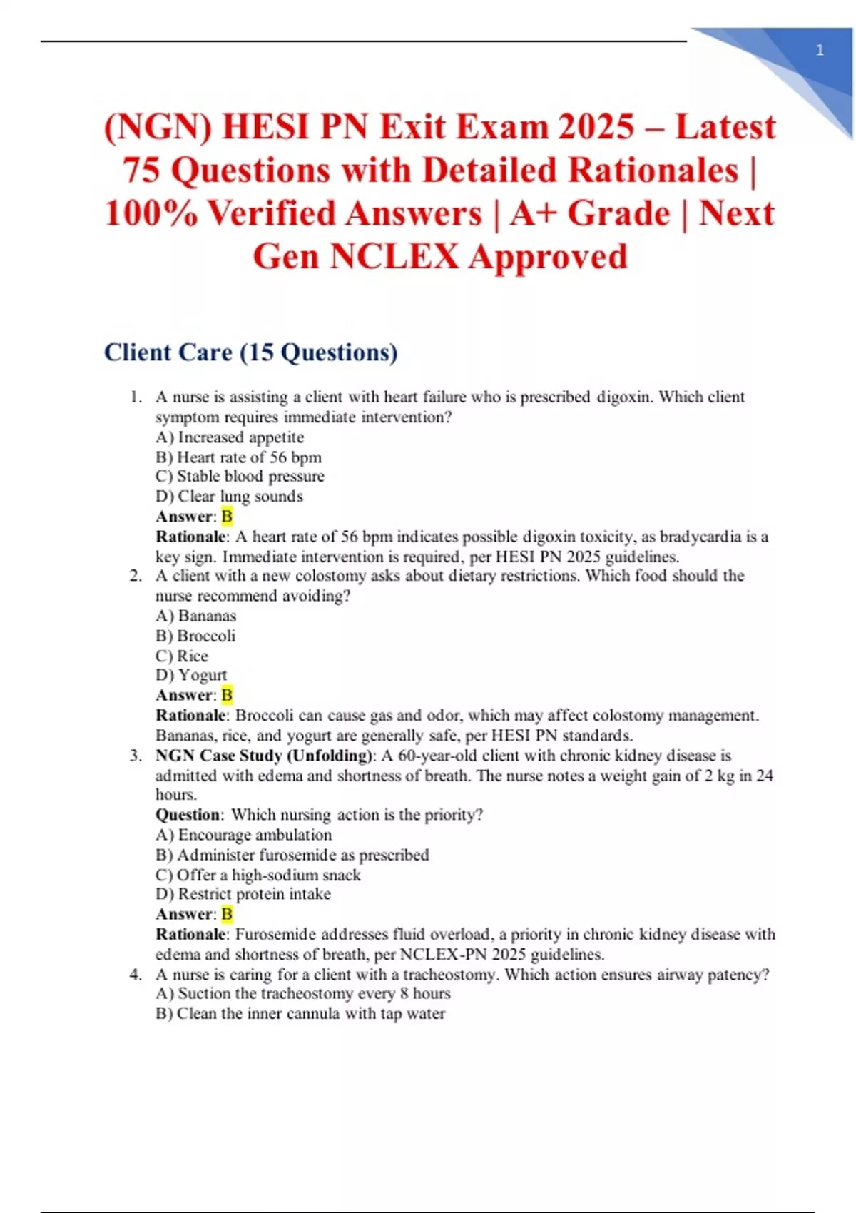 (NGN) HESI PN Exit Exam 2025 – Latest 75 Questions with Detailed ...