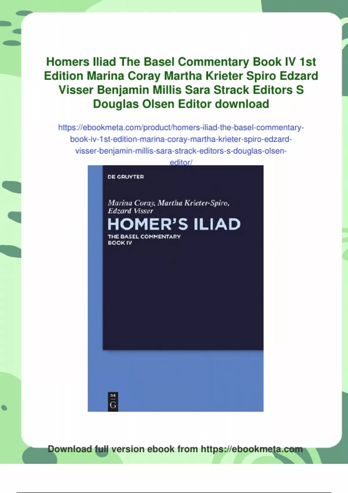 Summary Homers Iliad The Basel Commentary Book IV 1st Edition Marina ...