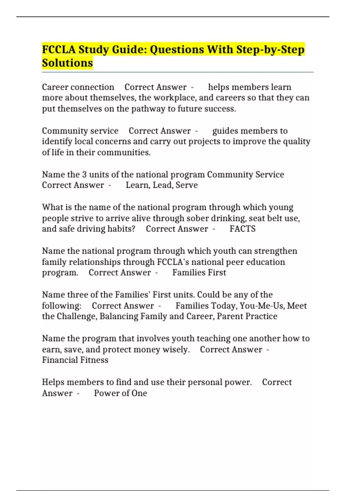 FCCLA Study Guide: Questions With Step-by-Step Solutions - FCCLA ...