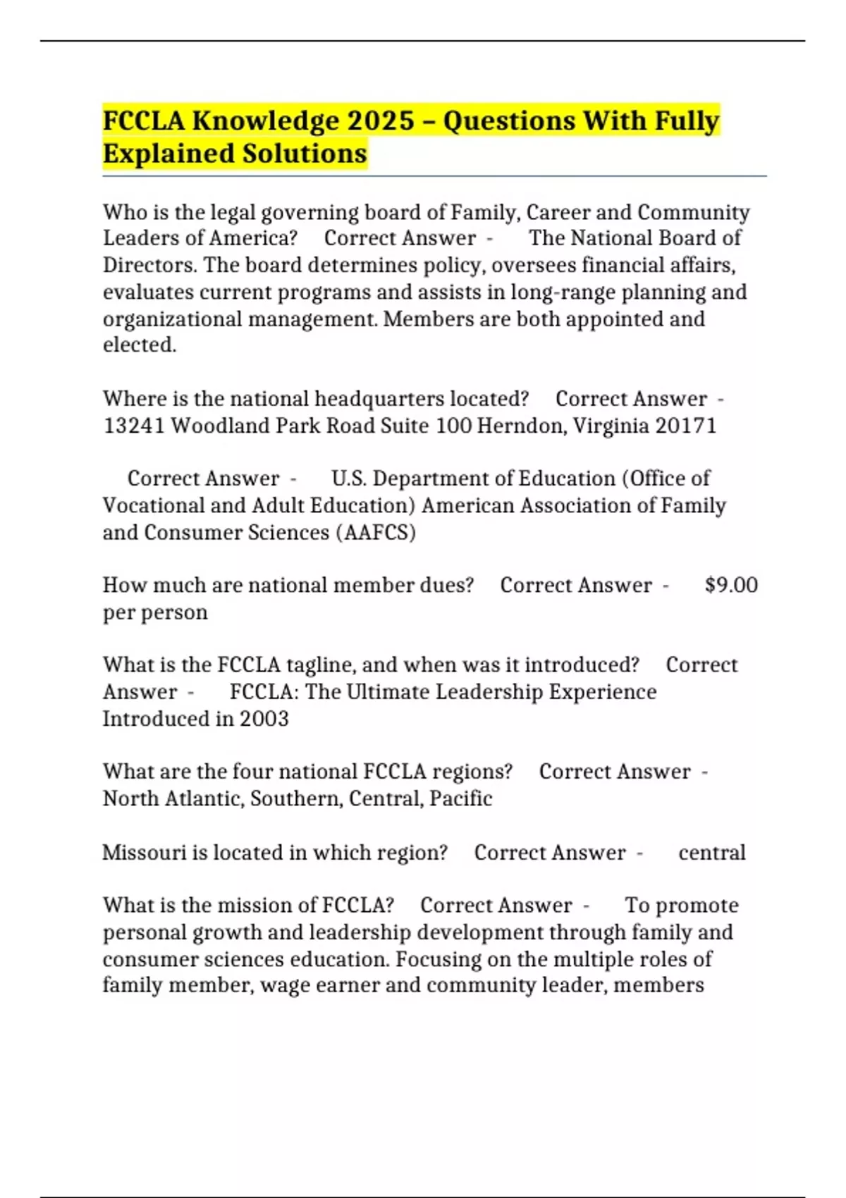 FCCLA Knowledge 2025 – Questions With Fully Explained Solutions - FCCLA ...