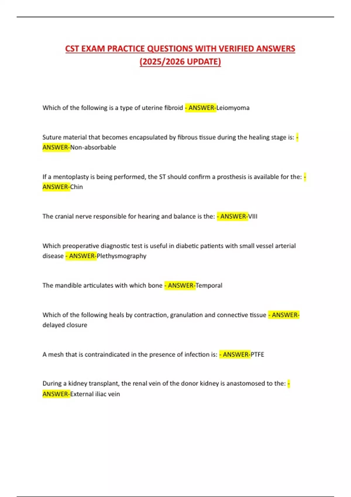 CST EXAM PRACTICE QUESTIONS WITH VERIFIED ANSWERS (2025/2026 UPDATE) - Cst - Stuvia US