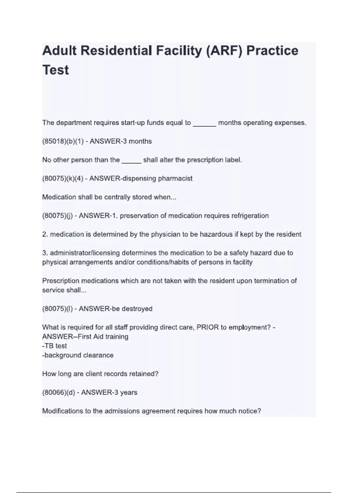 Adult Residential Facility (ARF) Practice Test With Complete Solutions ...