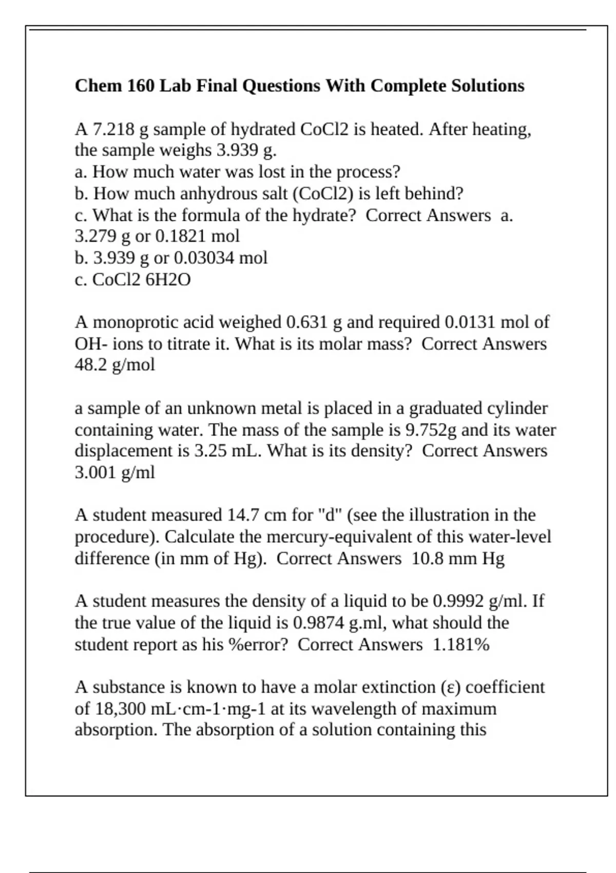 Chem 160 Lab Final Questions With Complete Solutions - Chem 160 - Stuvia US