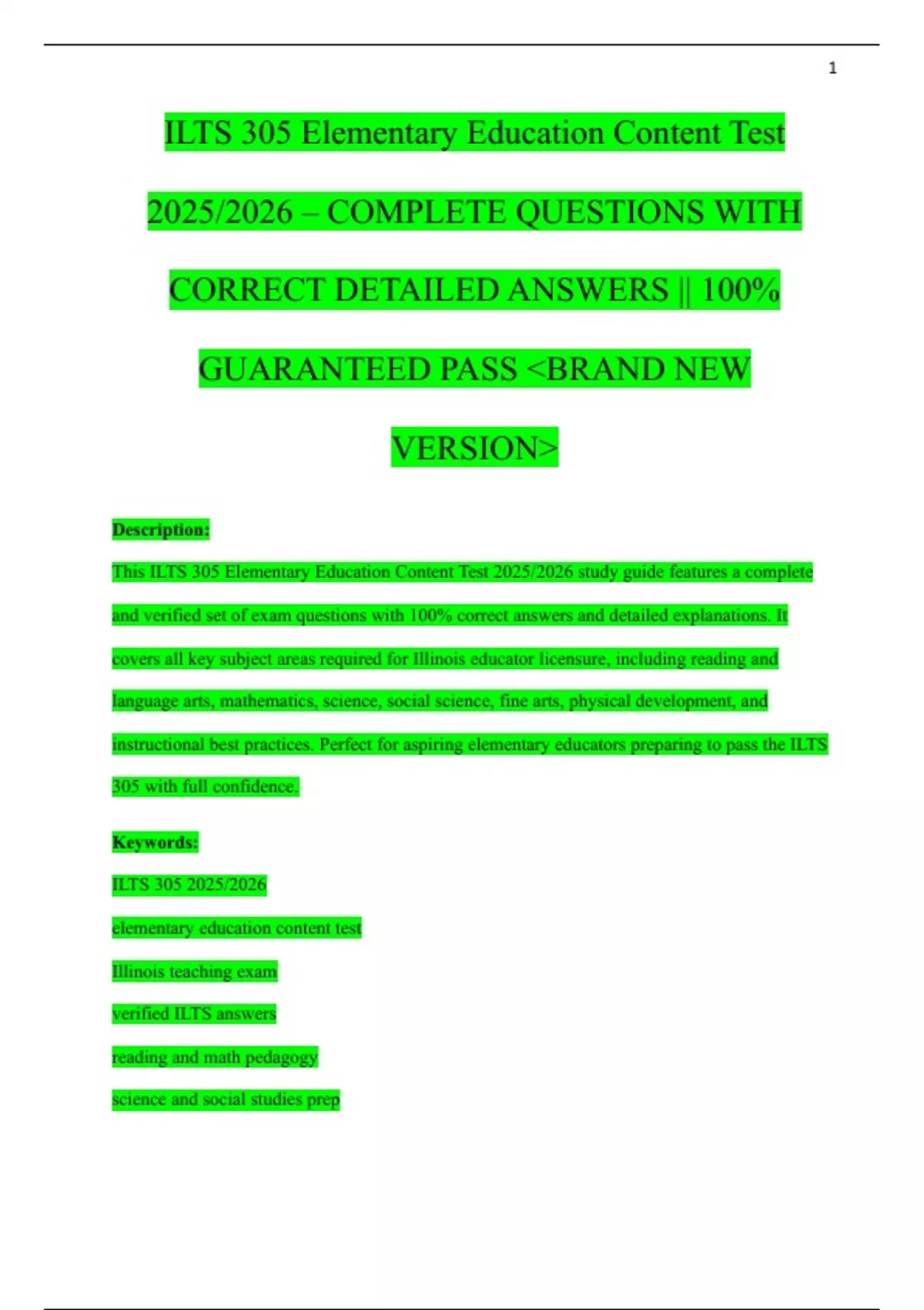 ILTS 305 Elementary Education Content Test 2025/2026 – COMPLETE ...