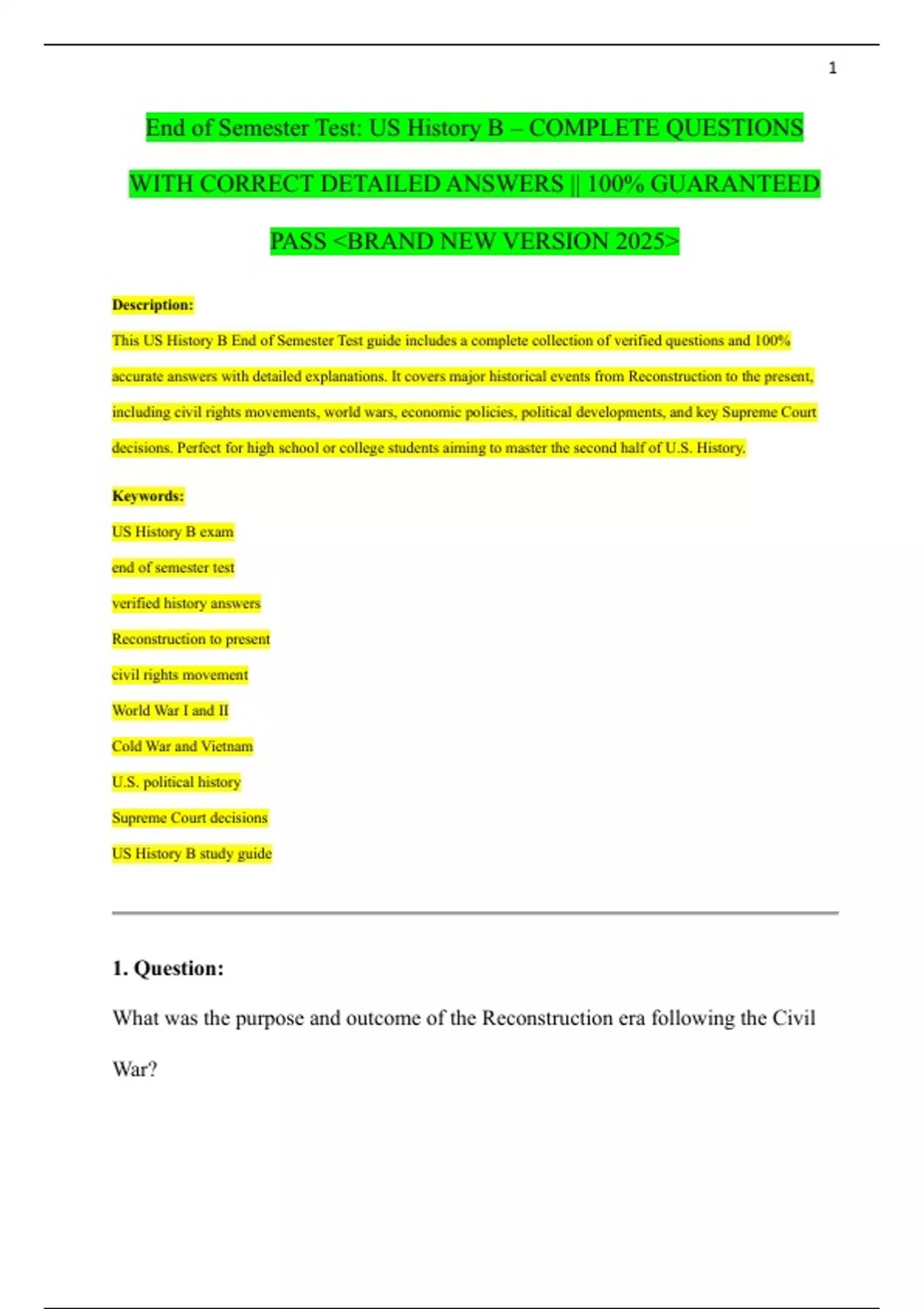 End of Semester Test: US History B – COMPLETE QUESTIONS WITH CORRECT ...