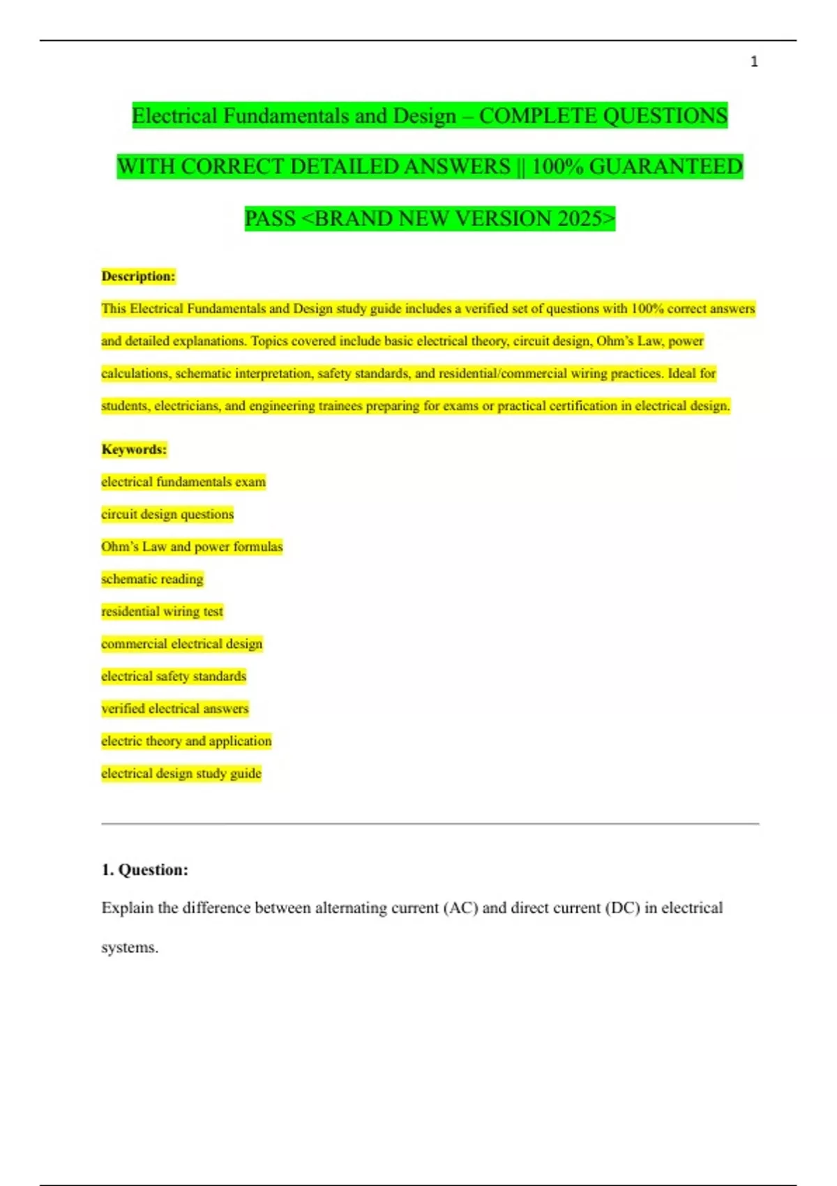 Electrical Fundamentals and Design – COMPLETE QUESTIONS WITH CORRECT ...