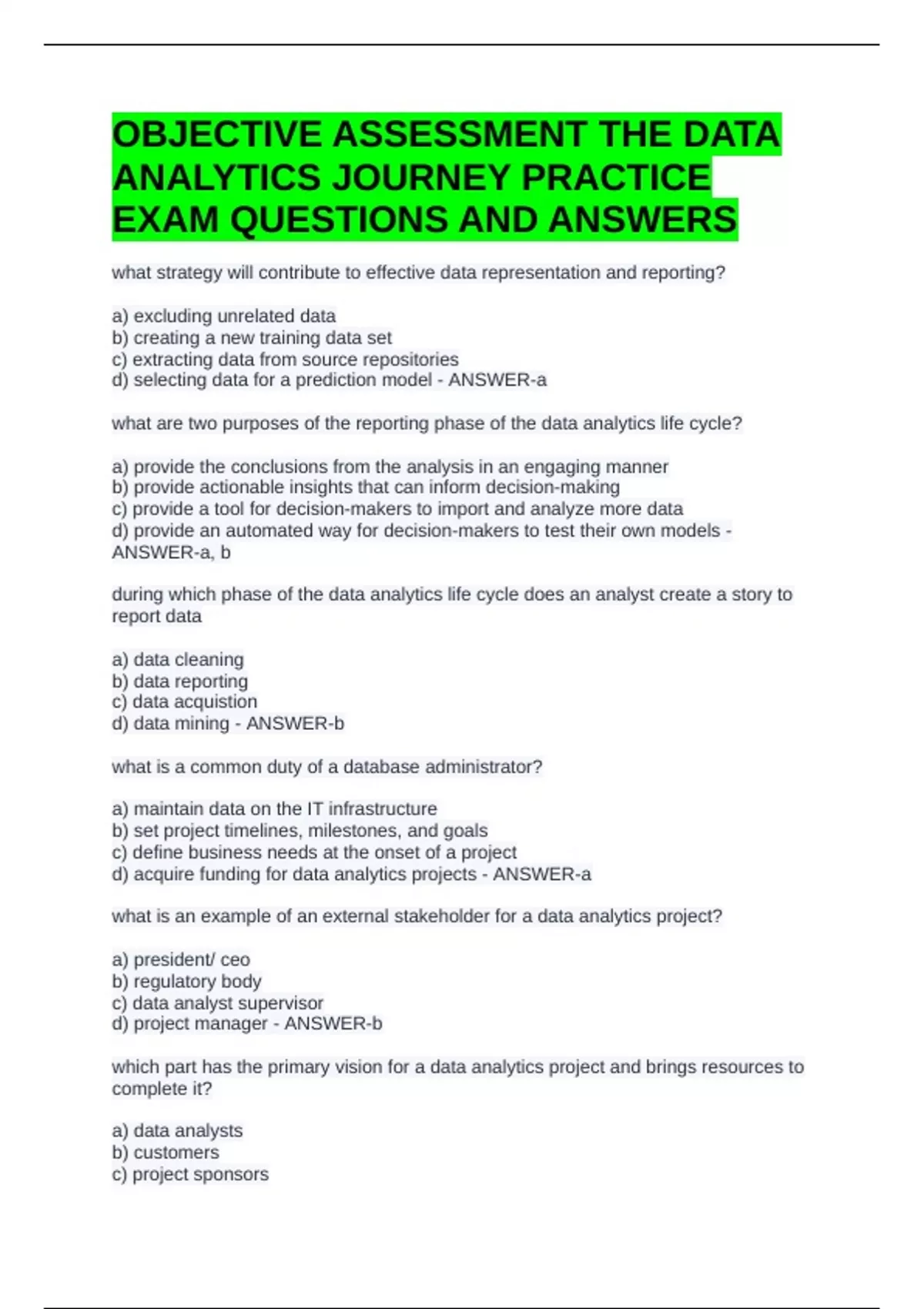 OBJECTIVE ASSESSMENT THE DATA ANALYTICS JOURNEY PRACTICE EXAM QUESTIONS ...