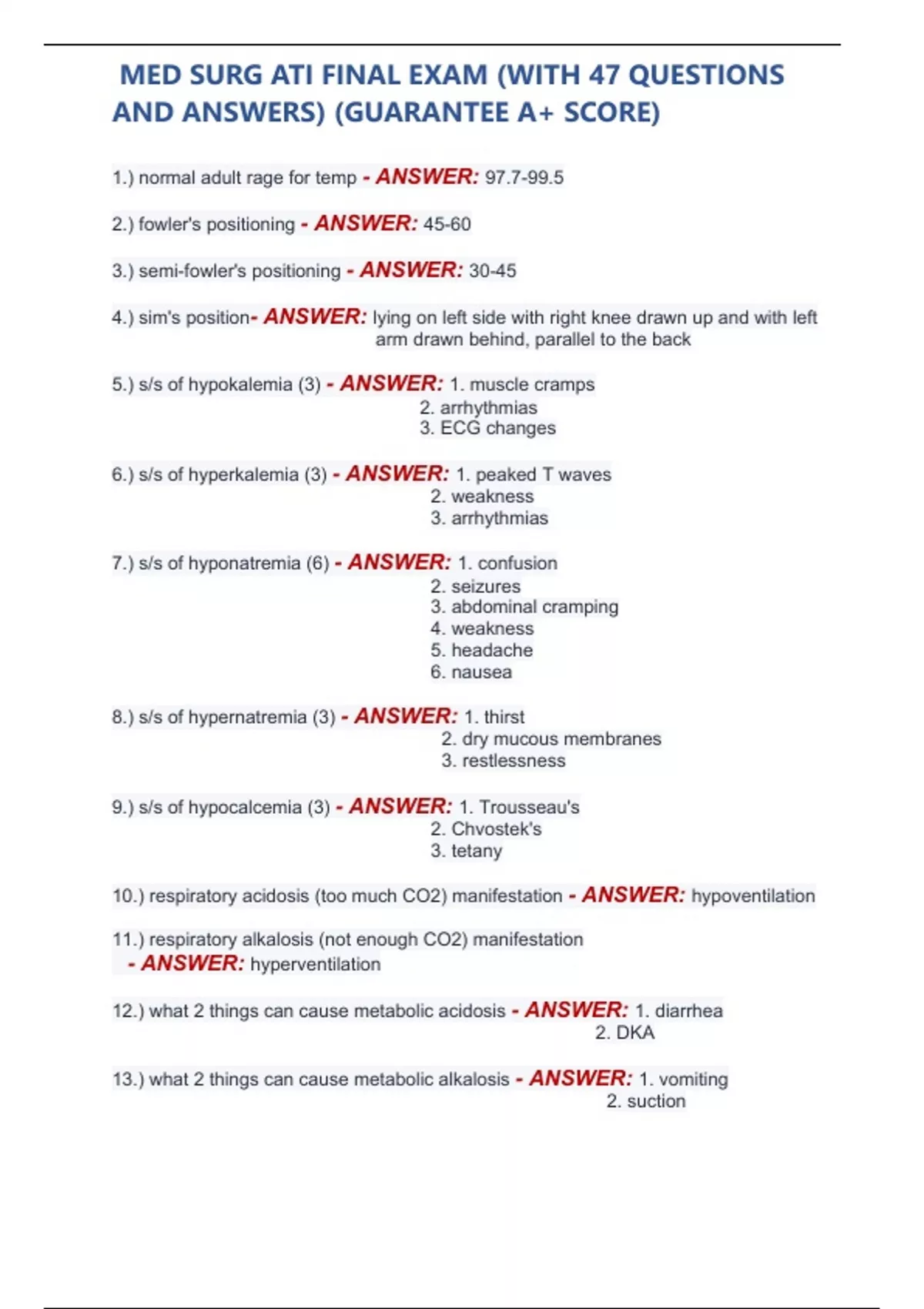 MED SURG ATI FINAL EXAM (WITH 47 QUESTIONS AND ANSWERS) (GUARANTEE A+ ...