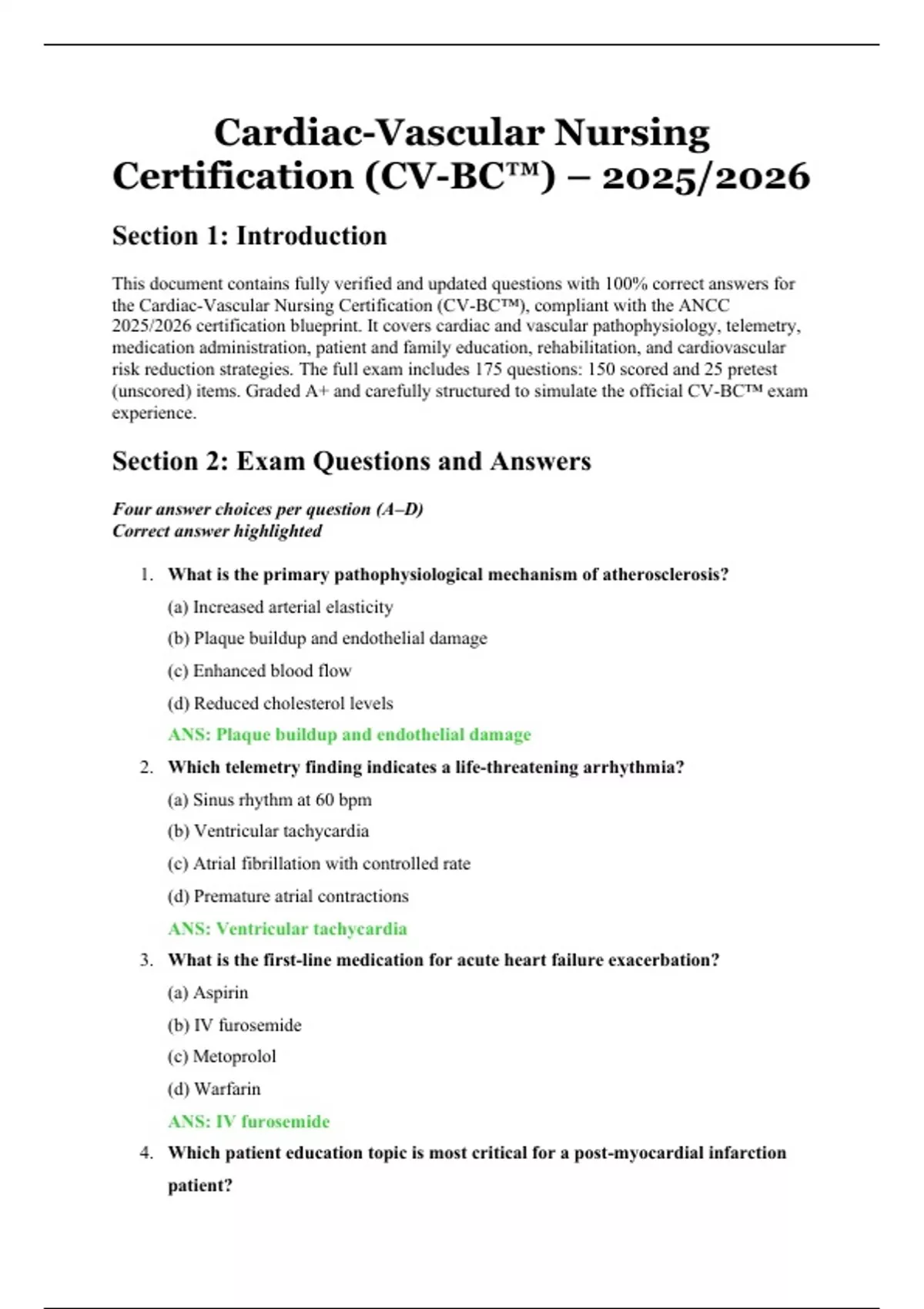 Cardiac-Vascular Nursing Certification (CV-BC™) – Verified Questions ...
