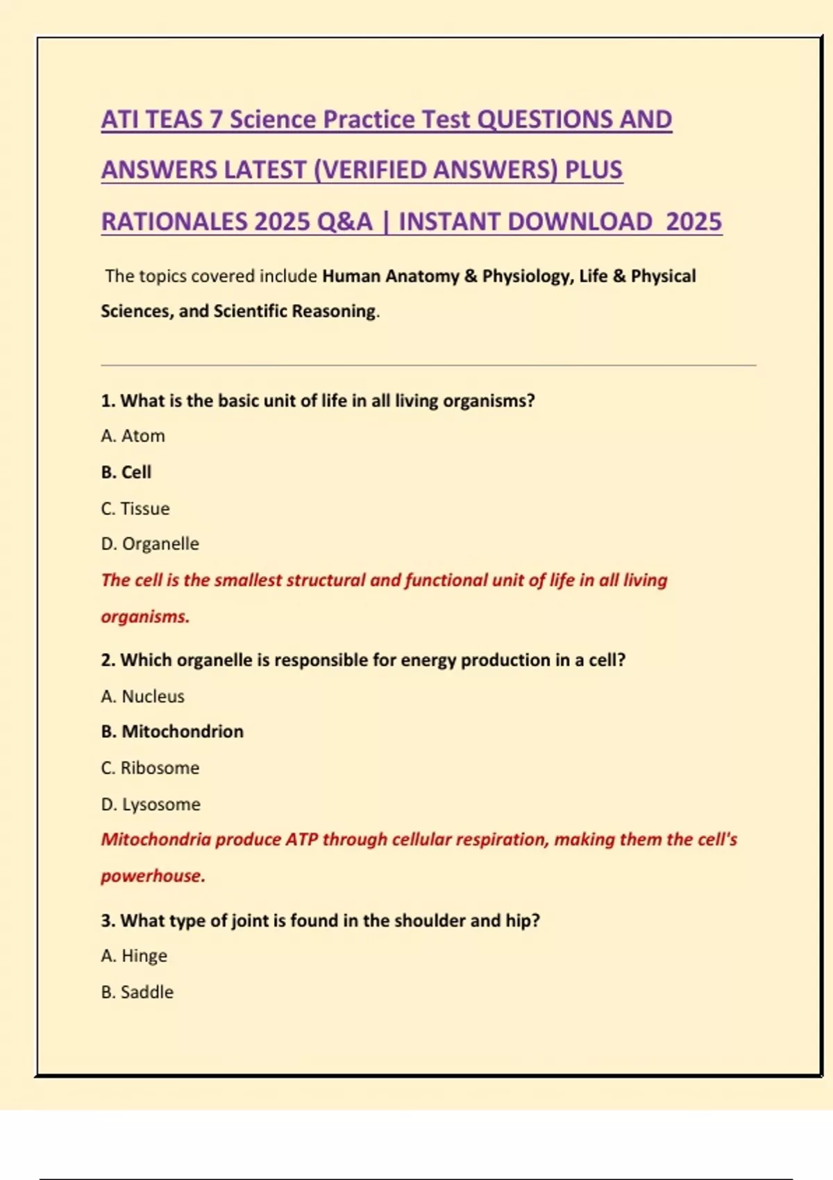 ATI TEAS 7 Science Practice Test QUESTIONS AND ANSWERS LATEST (VERIFIED ...