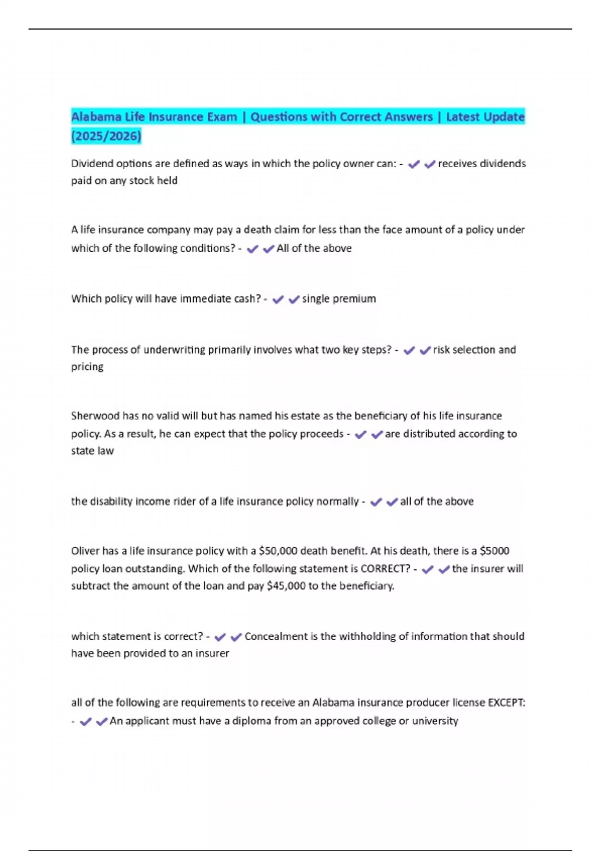 Alabama Life Insurance Exam | Questions with Correct Answers | Latest ...