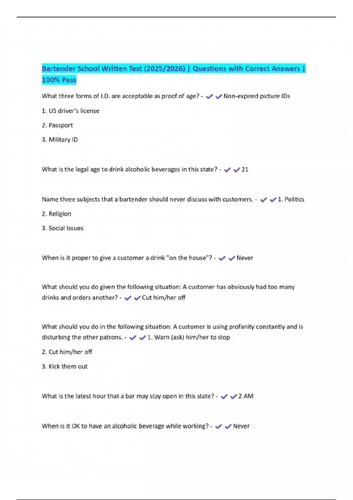 Bartender School Written Test (2025/2026) | Questions with Correct ...