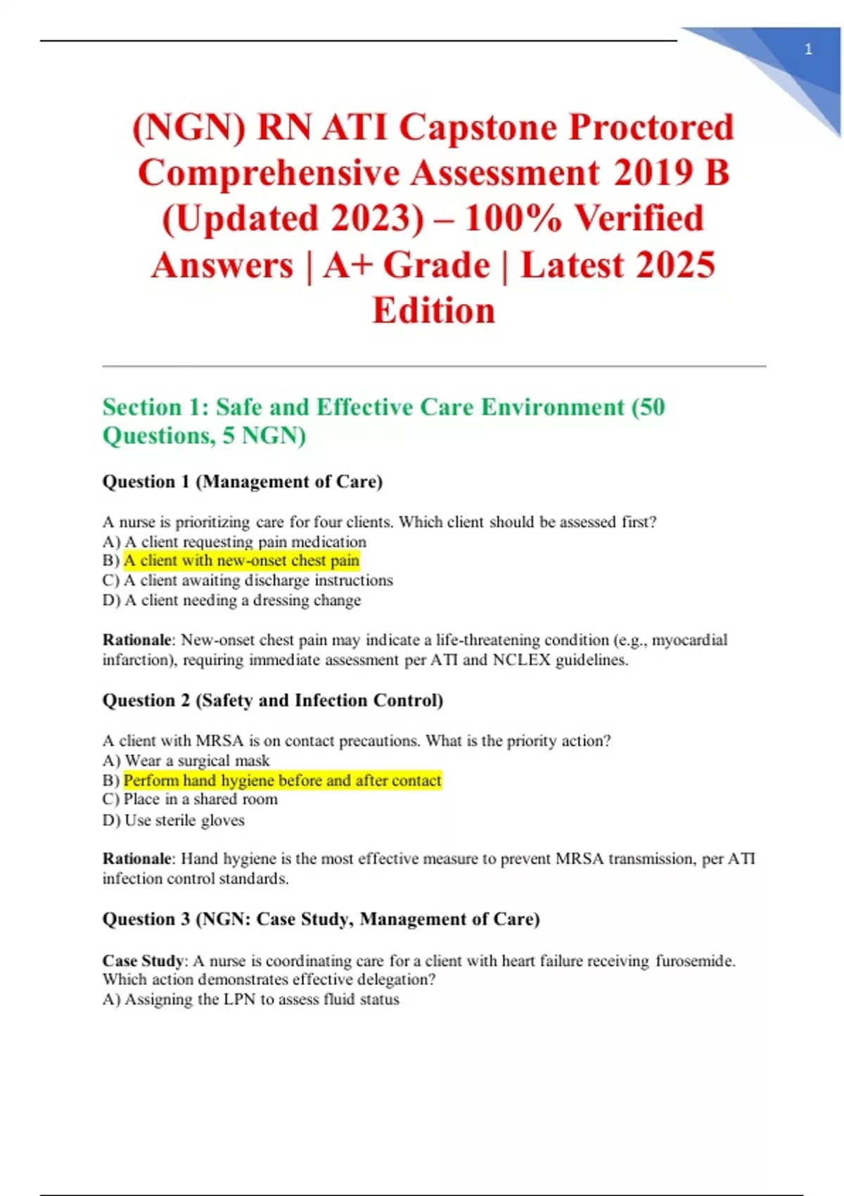 (NGN) RN ATI Capstone Proctored Comprehensive Assessment 2019 B ...