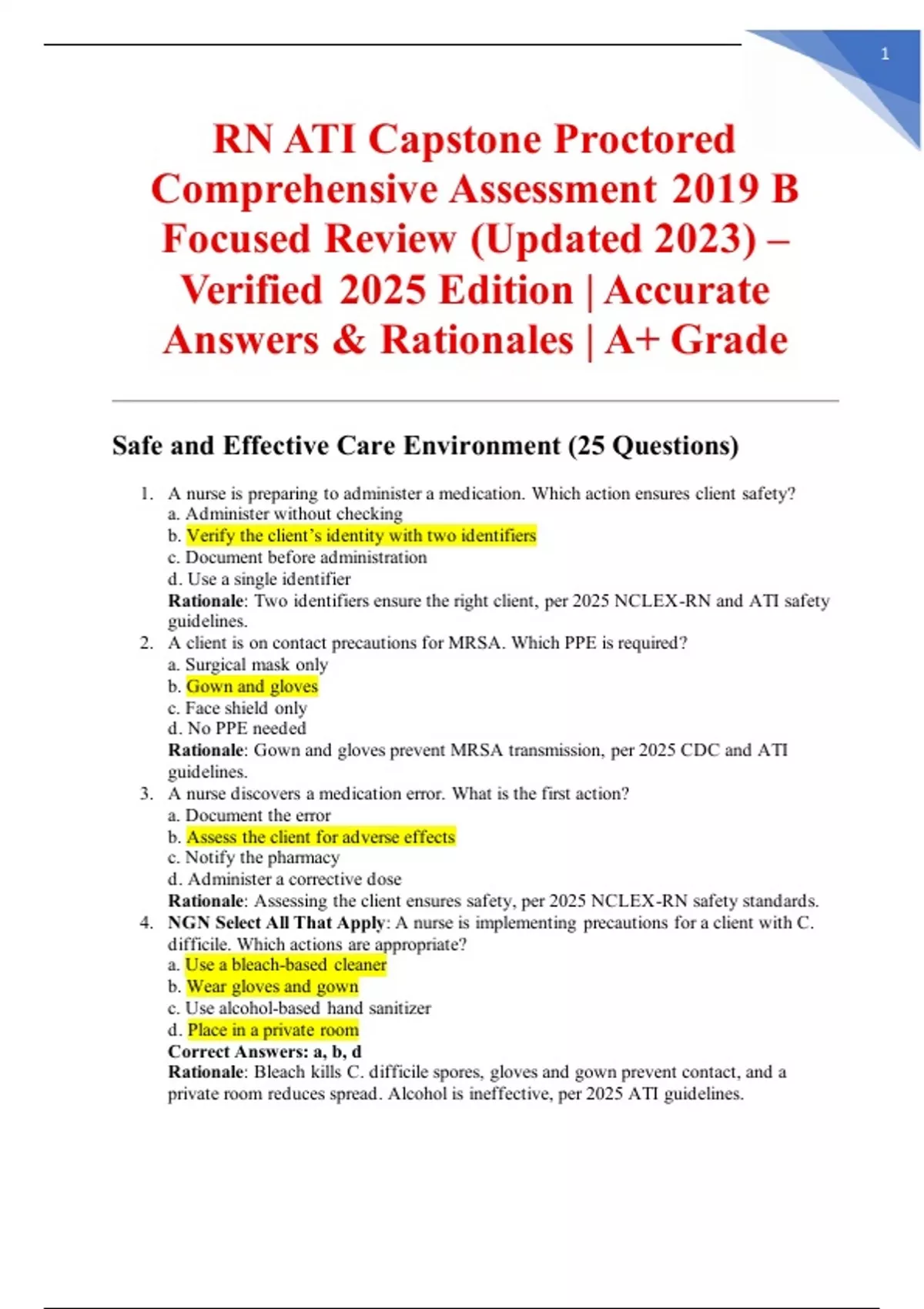 RN ATI Capstone Proctored Comprehensive Assessment 2019 B Focused ...