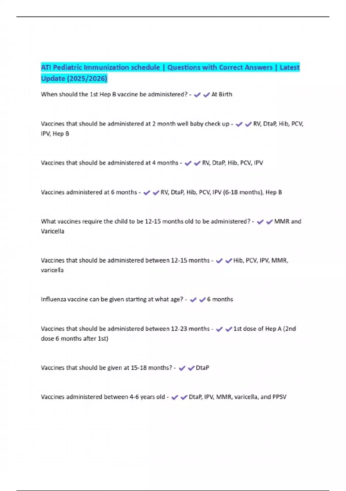 ATI Pediatric Immunization schedule | Questions with Correct Answers ...