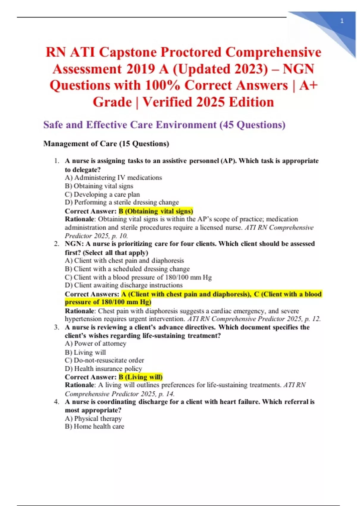 RN ATI Capstone Proctored Comprehensive Assessment 2019 A (Updated 2023 ...