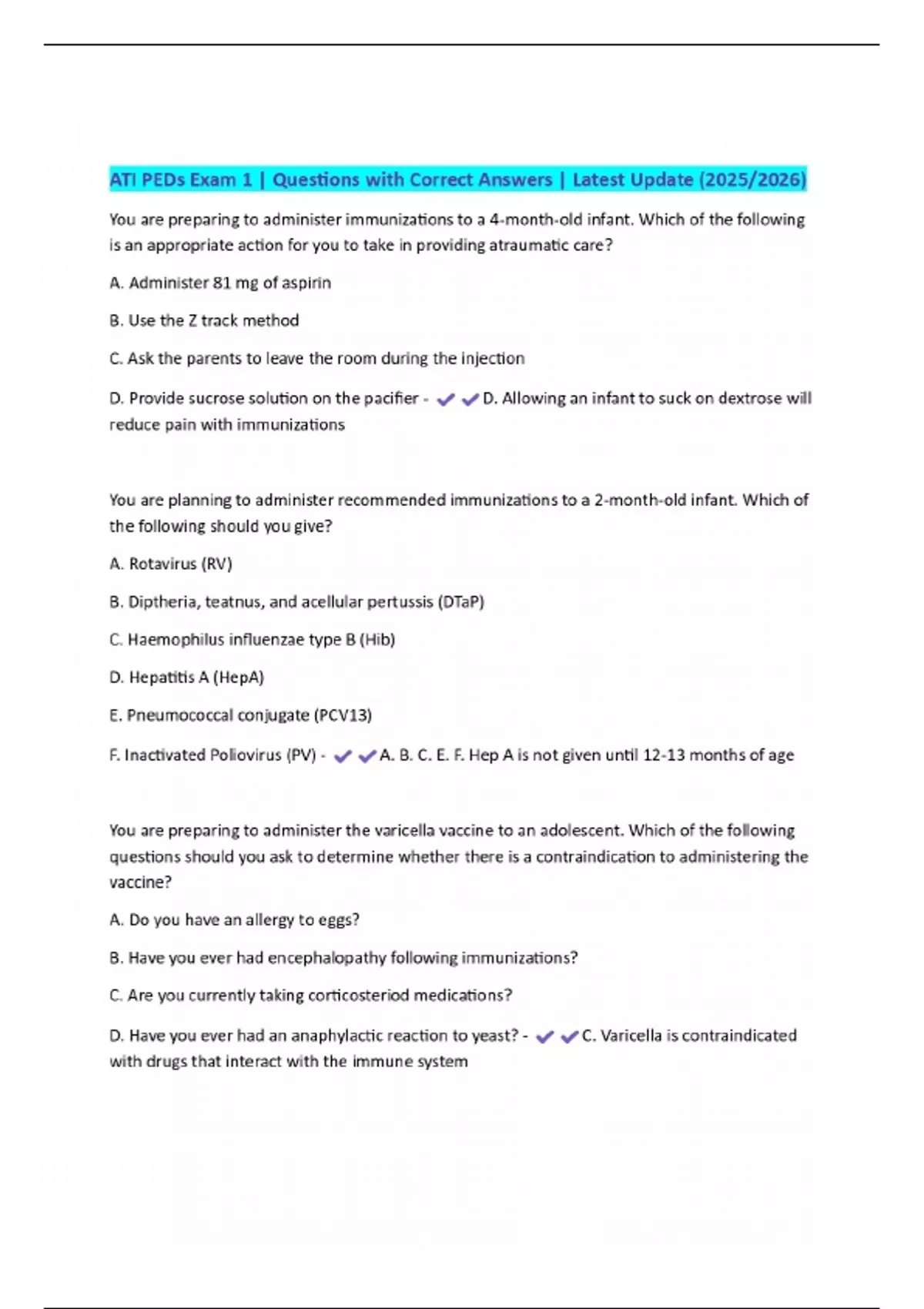 ATI PEDs Exam 1 | Questions with Correct Answers | Latest Update (2025/ ...