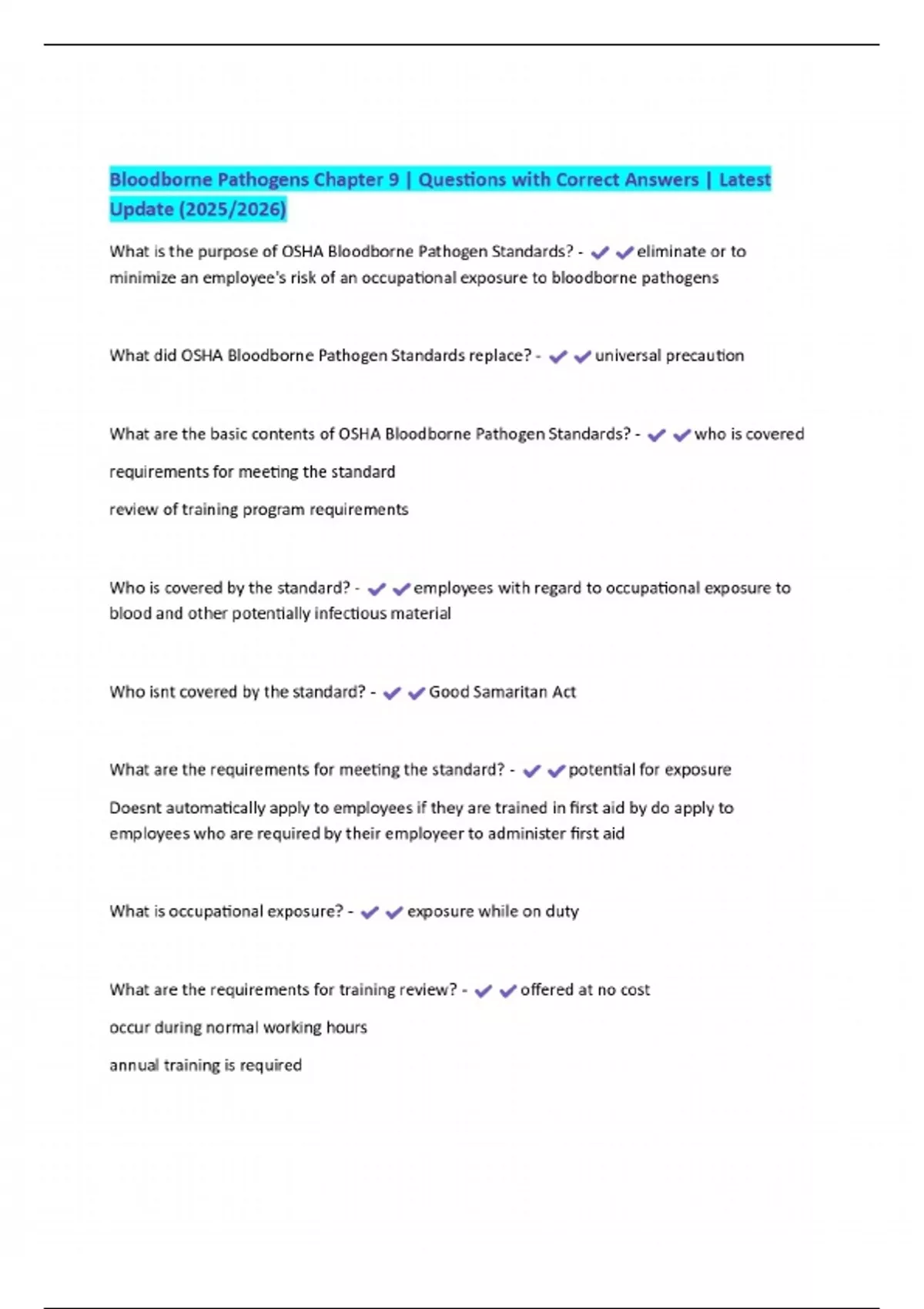 Bloodborne Pathogens Chapter 9 | Questions with Correct Answers ...