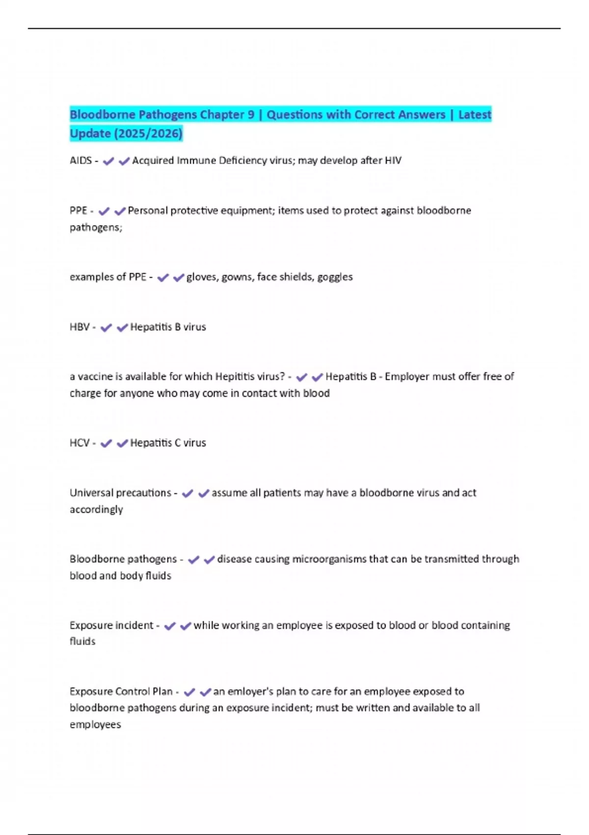 Bloodborne Pathogens Chapter 9 | Questions with Correct Answers ...