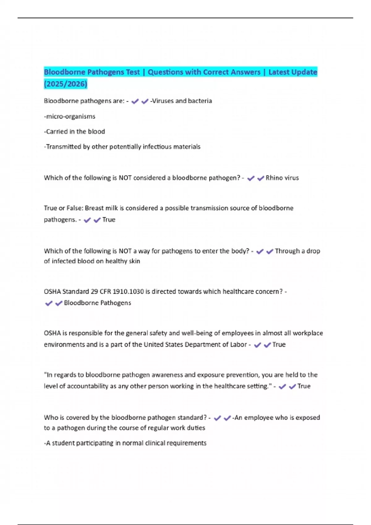 Bloodborne Pathogens Test | Questions with Correct Answers | Latest ...