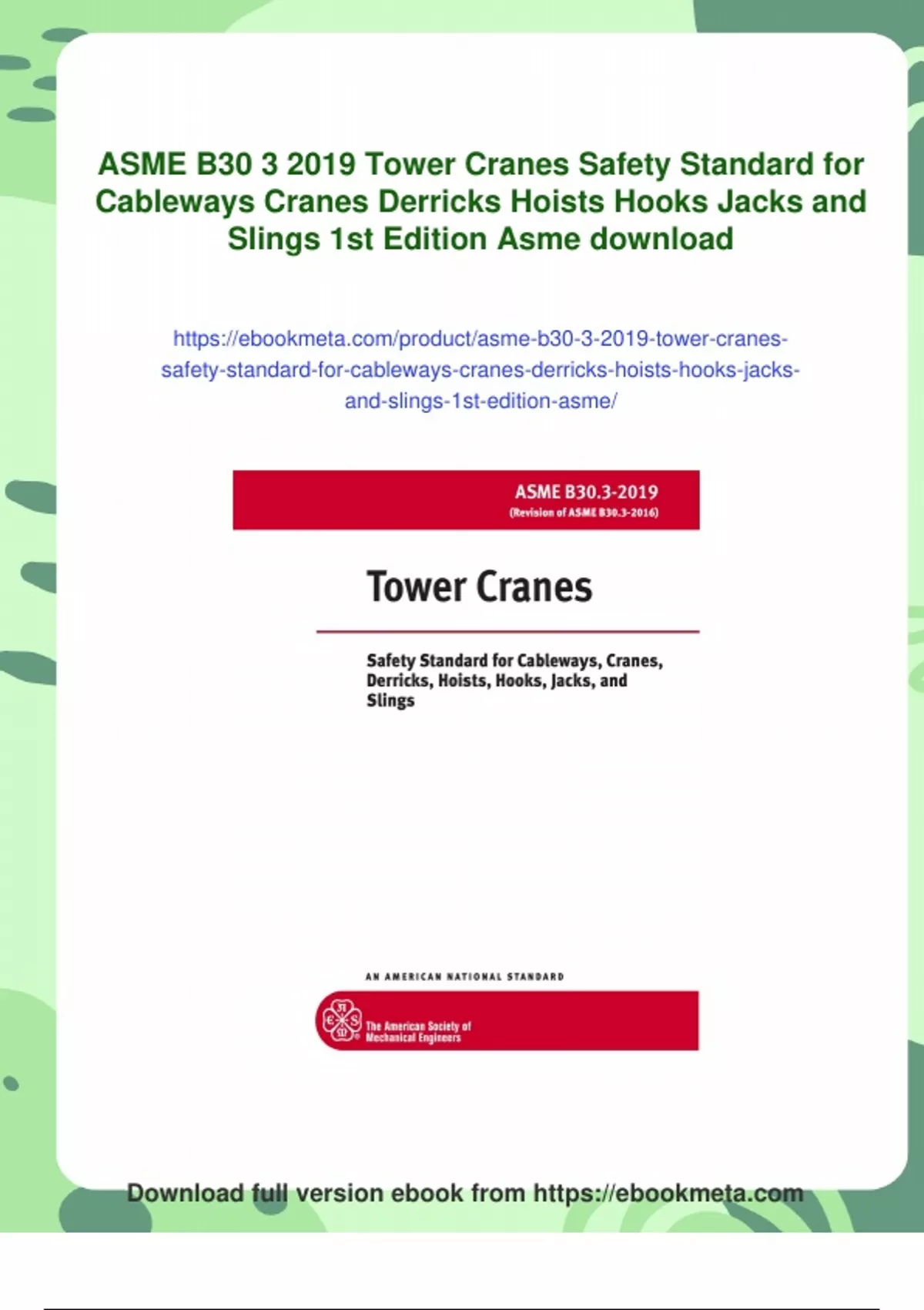 Summary ASME B30 3 2019 Tower Cranes Safety Standard for Cableways ...