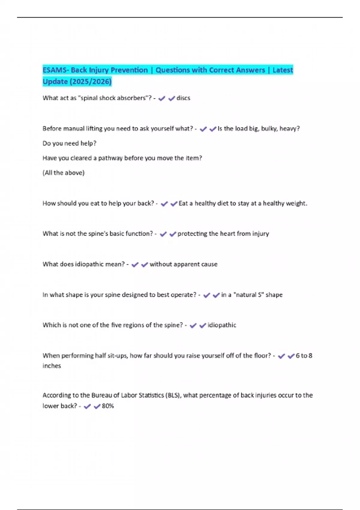 ESAMS- Back Injury Prevention | Questions with Correct Answers | Latest ...